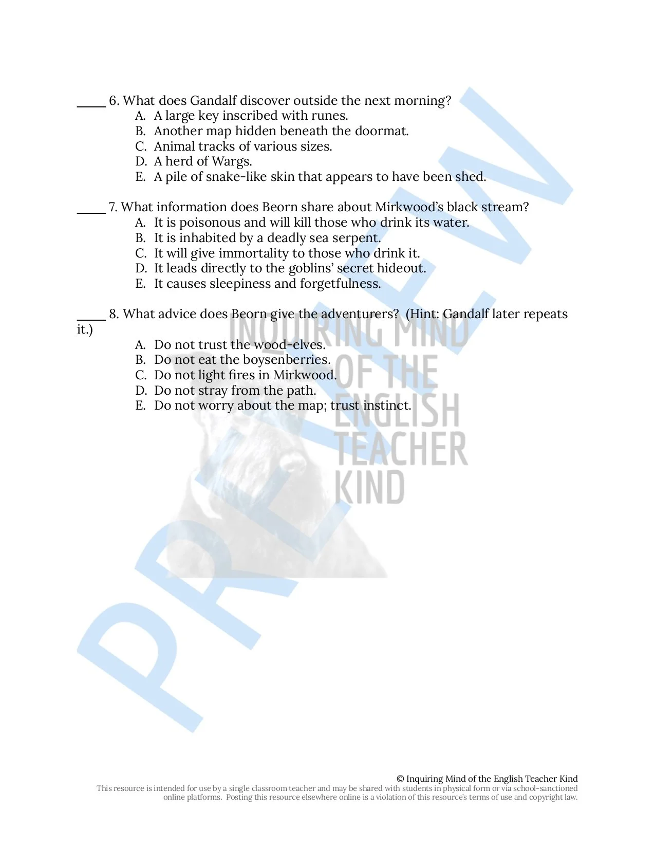 The Hobbit Quiz and Answer Key Bundle — Inquiring Mind of the English ...