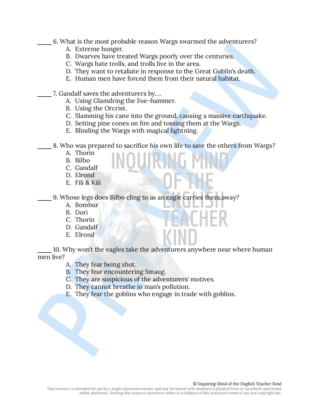 The Hobbit Quiz and Answer Key Bundle — Inquiring Mind of the English ...