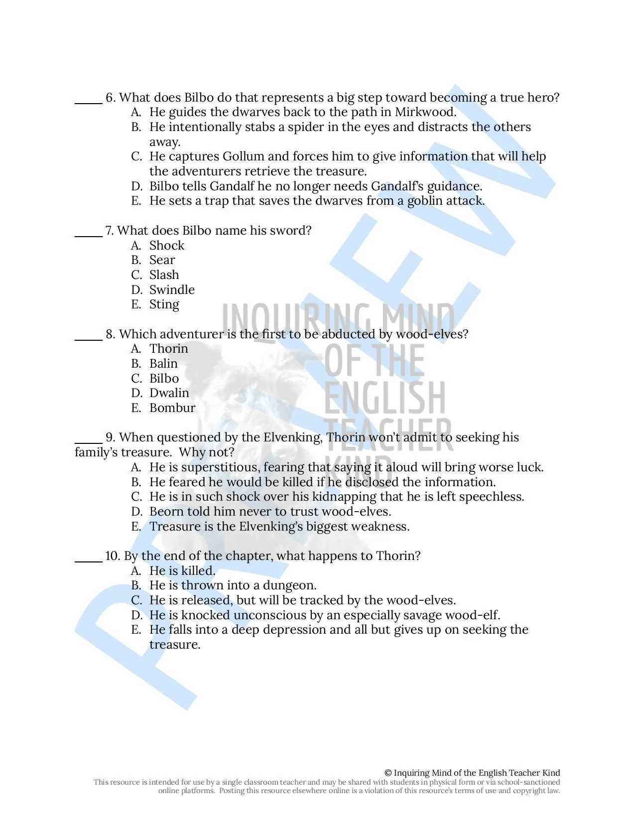 The Hobbit Quiz and Answer Key Bundle — Inquiring Mind of the English ...
