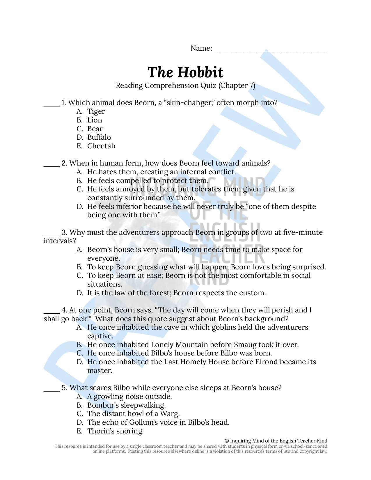 The Hobbit Quiz and Answer Key Bundle — Inquiring Mind of the English ...