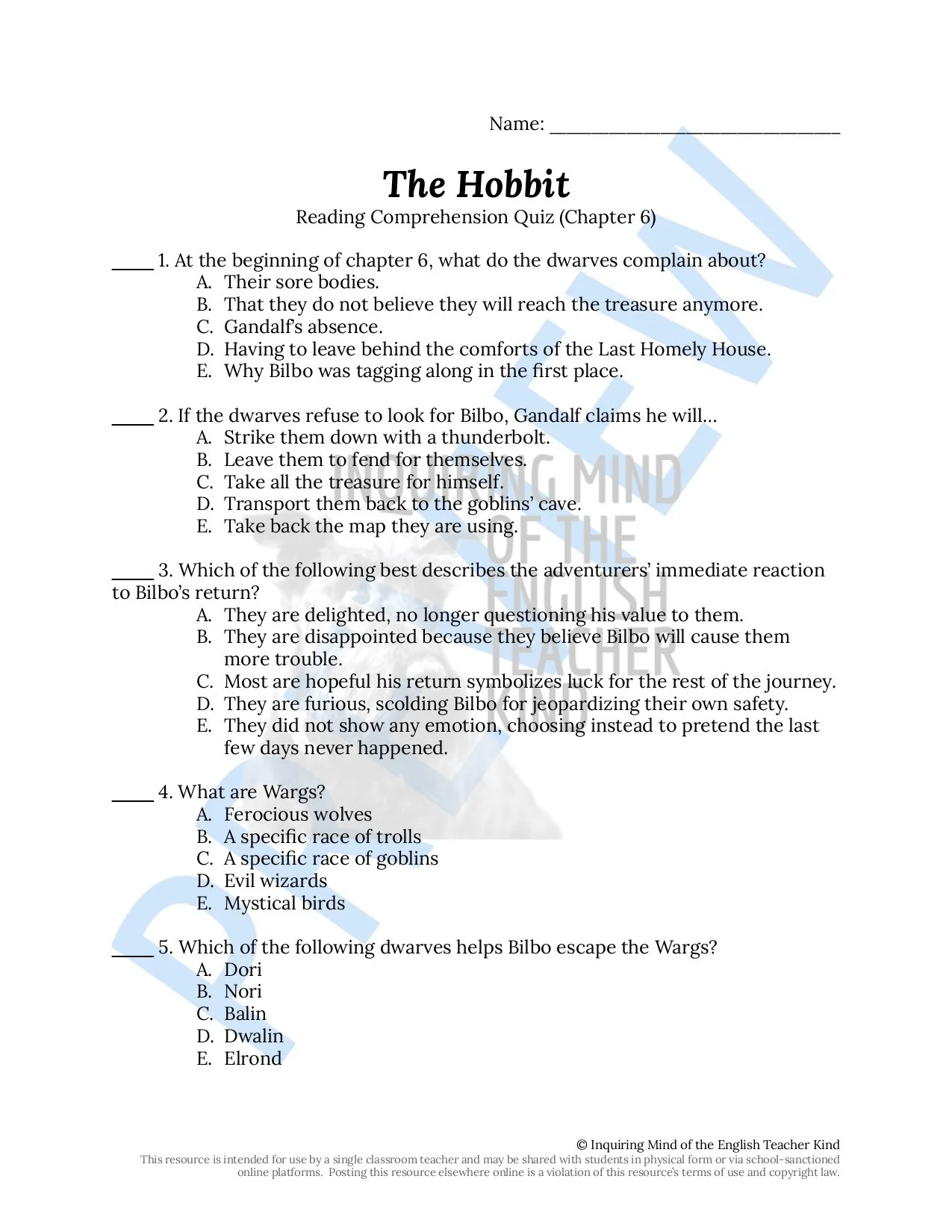 The Hobbit Quiz and Answer Key Bundle — Inquiring Mind of the English ...