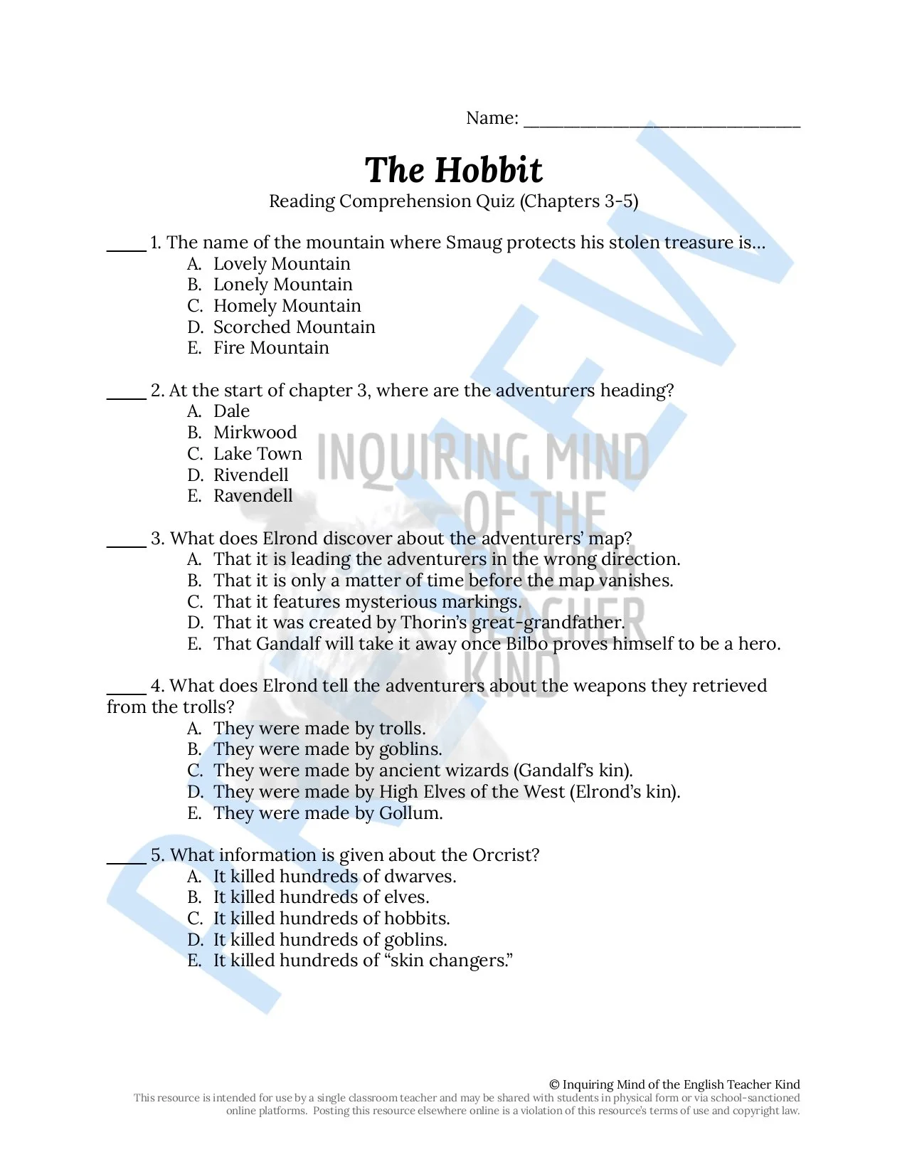 The Hobbit Quiz and Answer Key Bundle — Inquiring Mind of the English ...