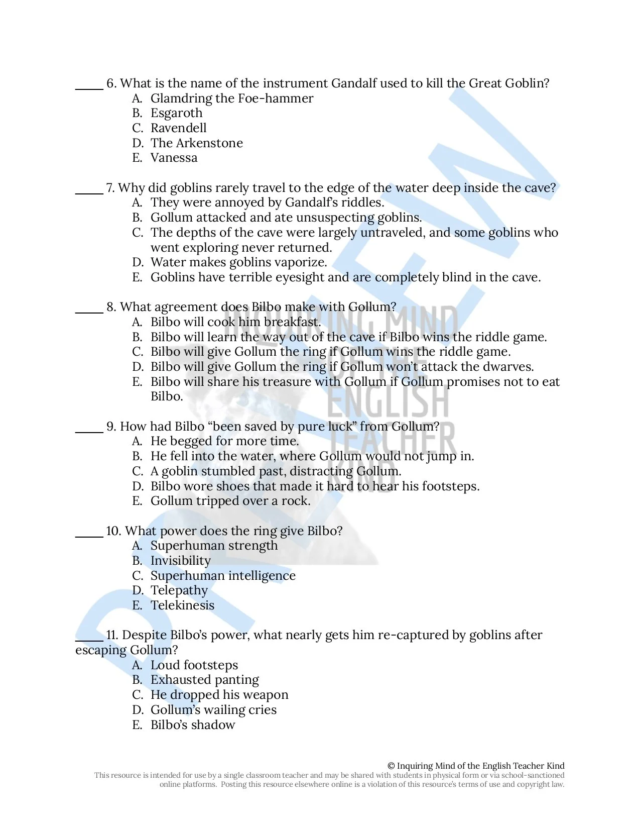 The Hobbit Quiz and Answer Key Bundle — Inquiring Mind of the English ...