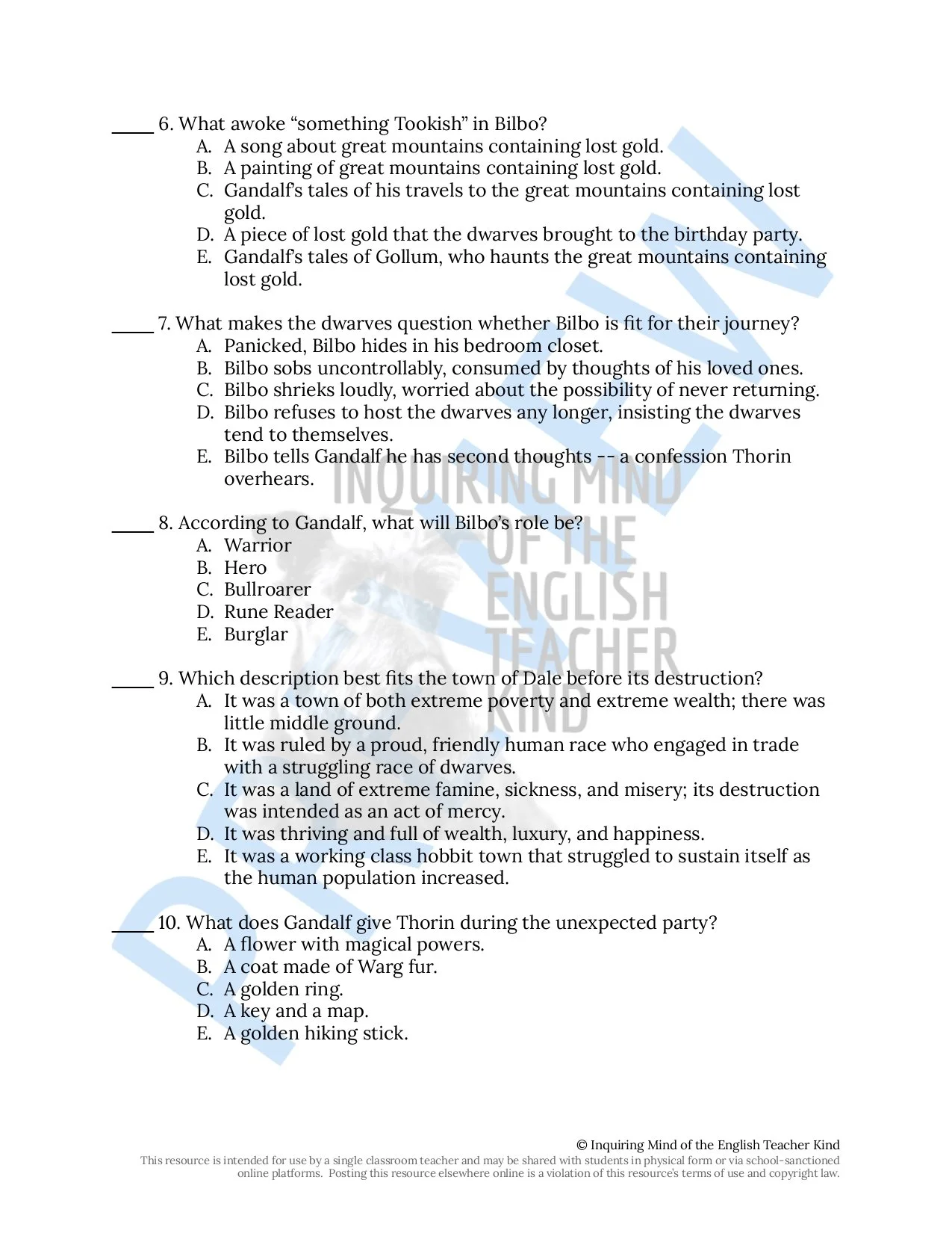 The Hobbit Quiz and Answer Key Bundle — Inquiring Mind of the English ...