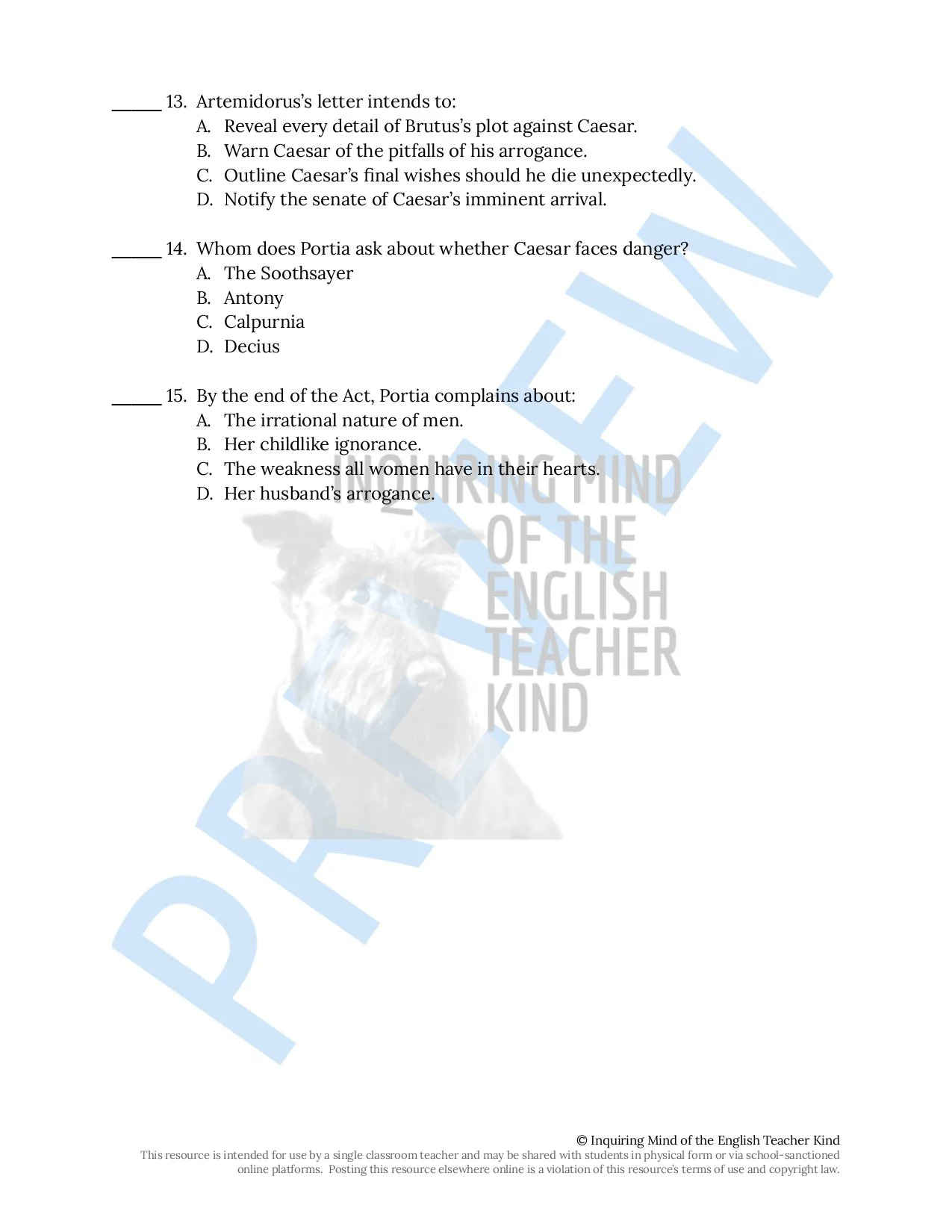 Shakespeare's Julius Caesar Quiz and Answer Key Bundle for High School ...