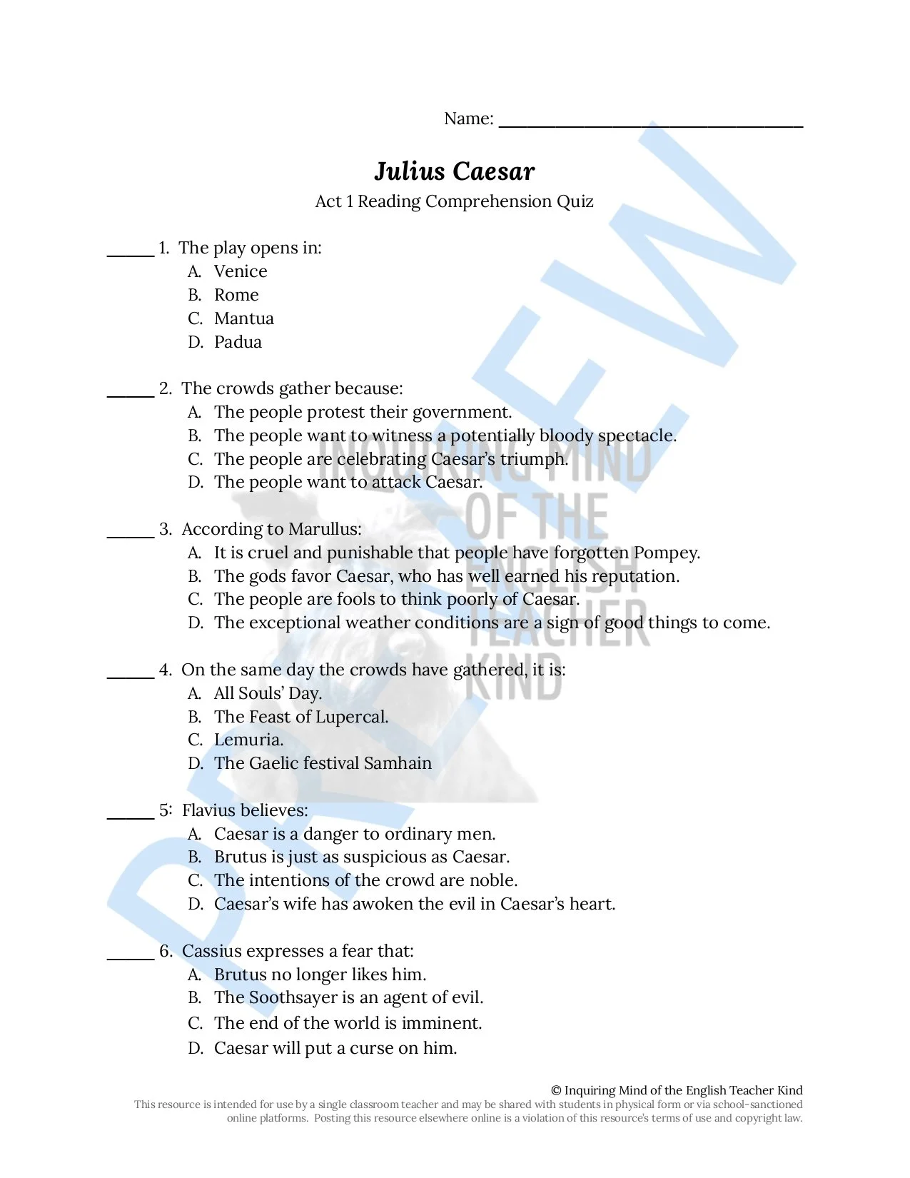 Shakespeare's Julius Caesar Quiz and Answer Key Bundle for High School ...
