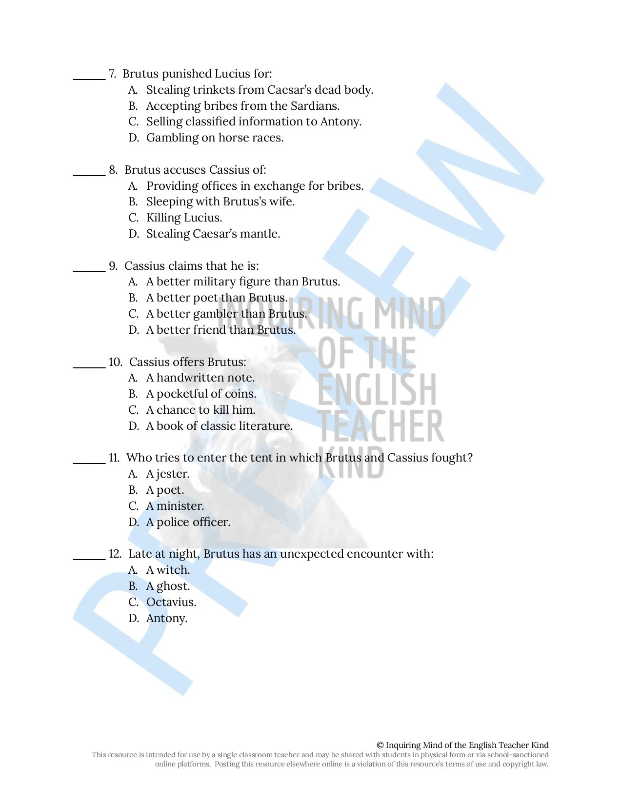 Shakespeare's Julius Caesar Quiz and Answer Key Bundle for High School ...