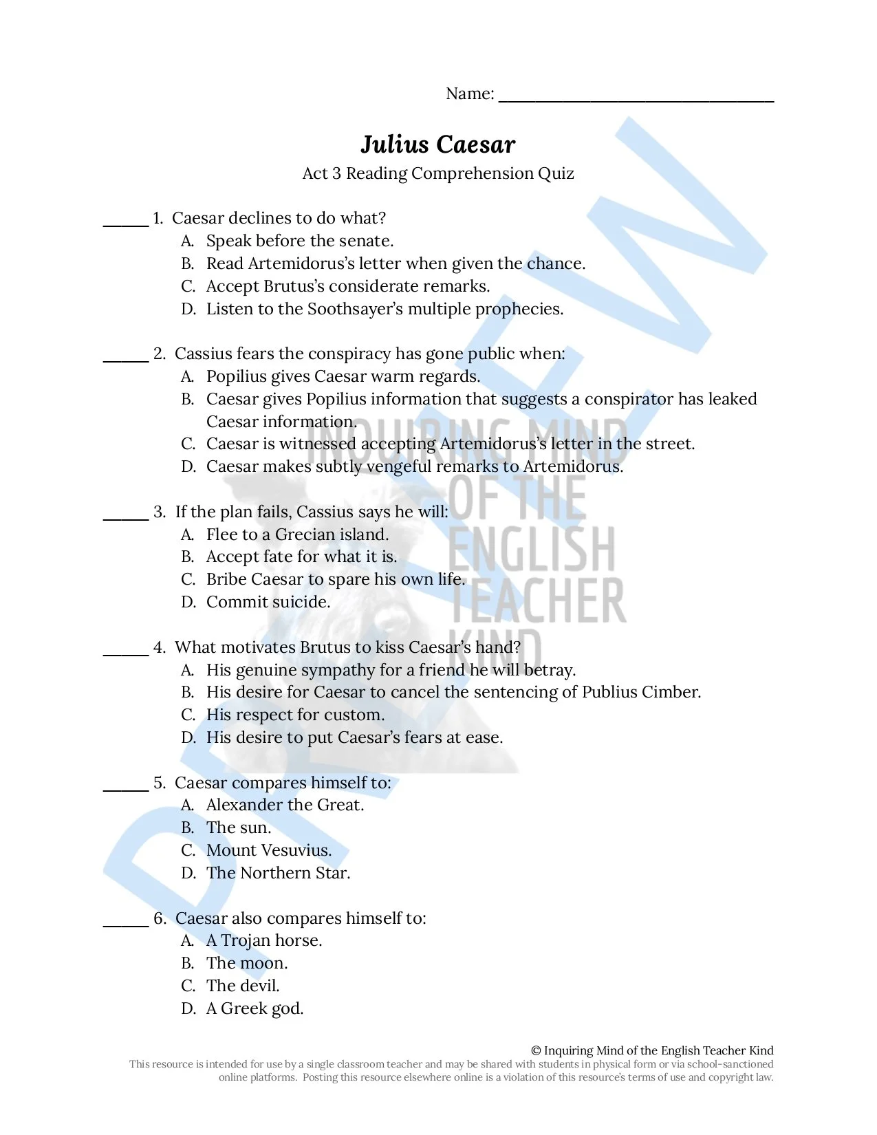 Shakespeare's Julius Caesar Quiz and Answer Key Bundle for High School ...