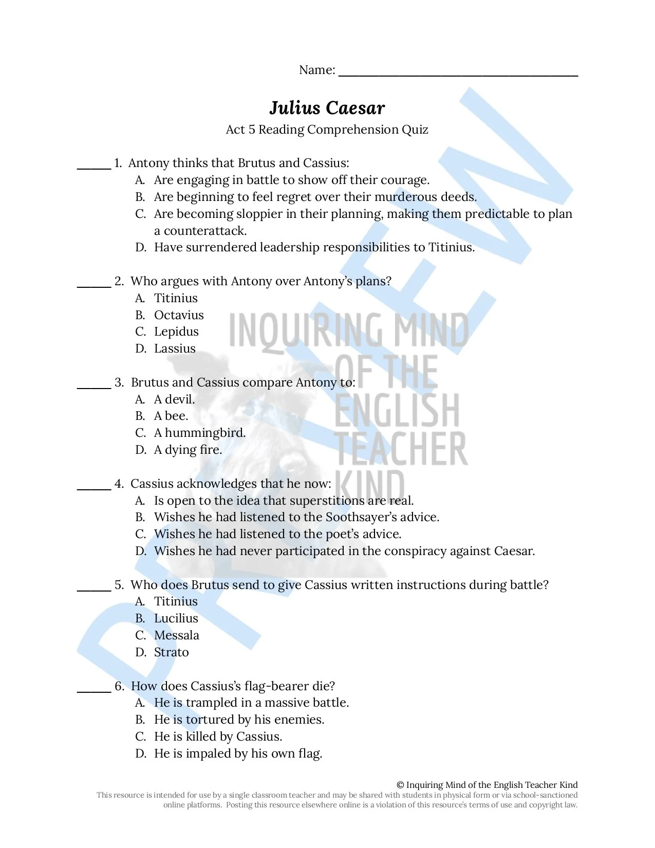 Shakespeare's Julius Caesar Quiz and Answer Key Bundle for High School ...