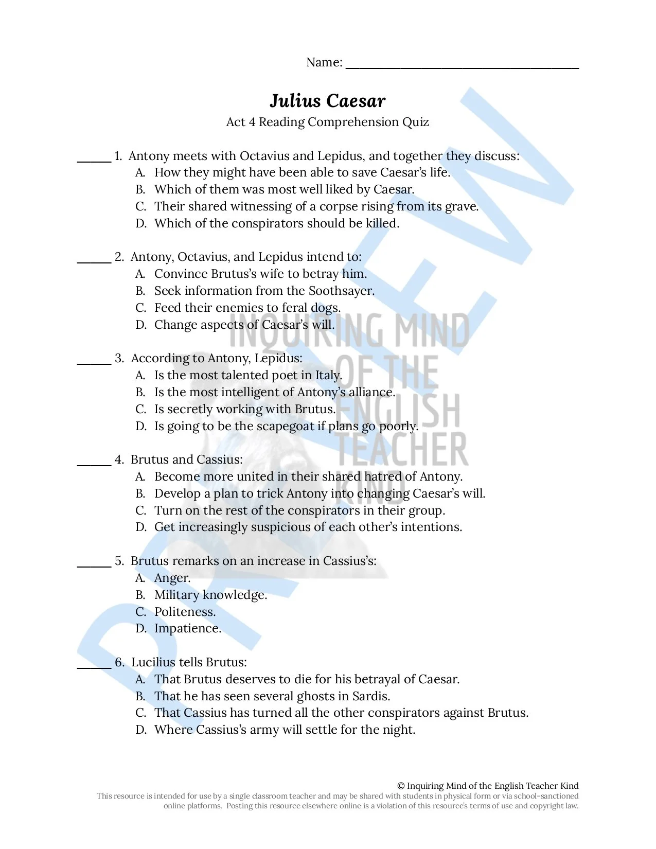 Shakespeare's Julius Caesar Quiz and Answer Key Bundle for High School ...