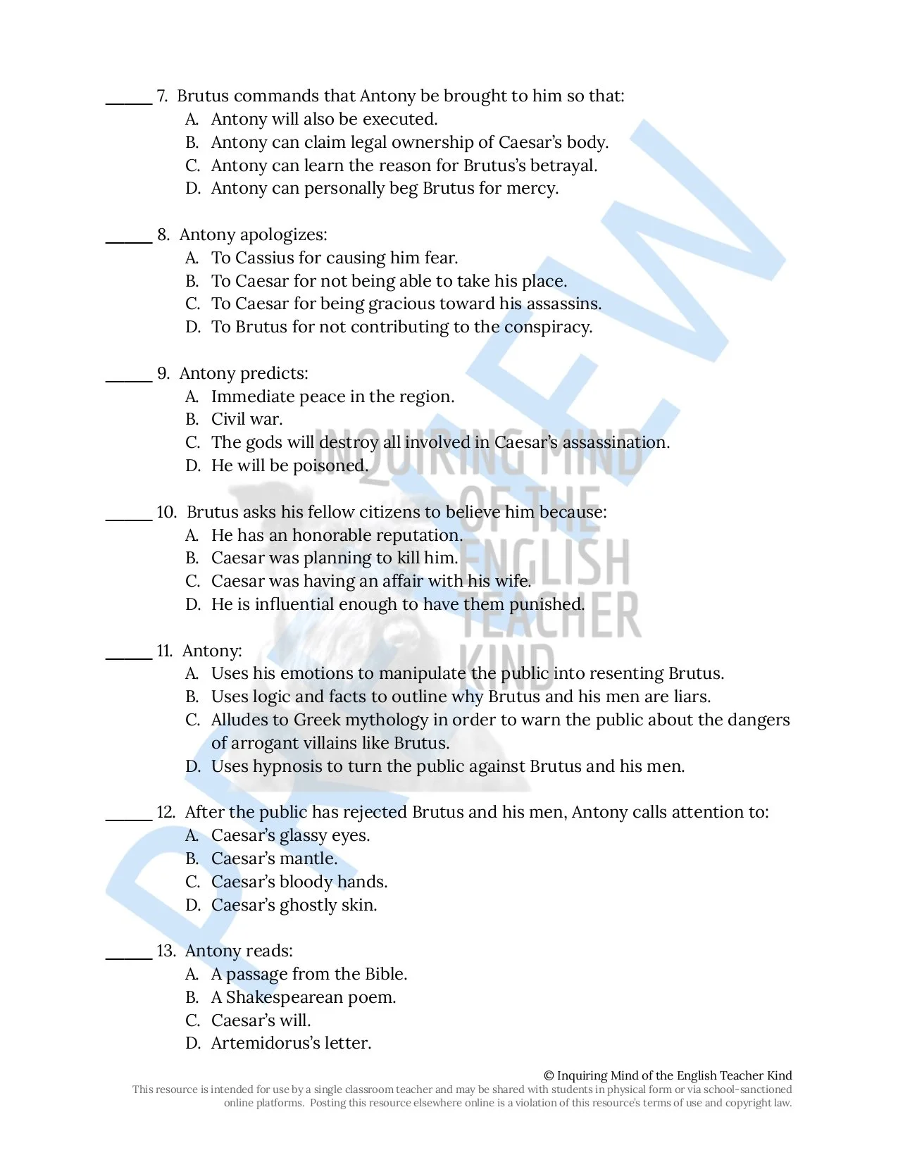 Shakespeare's Julius Caesar Quiz and Answer Key Bundle for High School ...