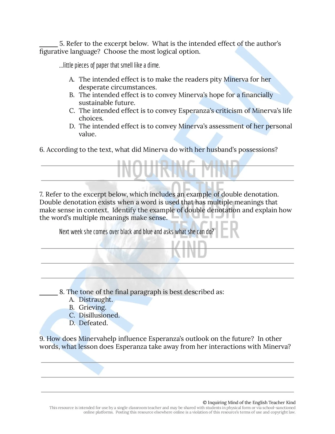 The House on Mango Street - Close Reading Worksheet on "Minerva Writes ...