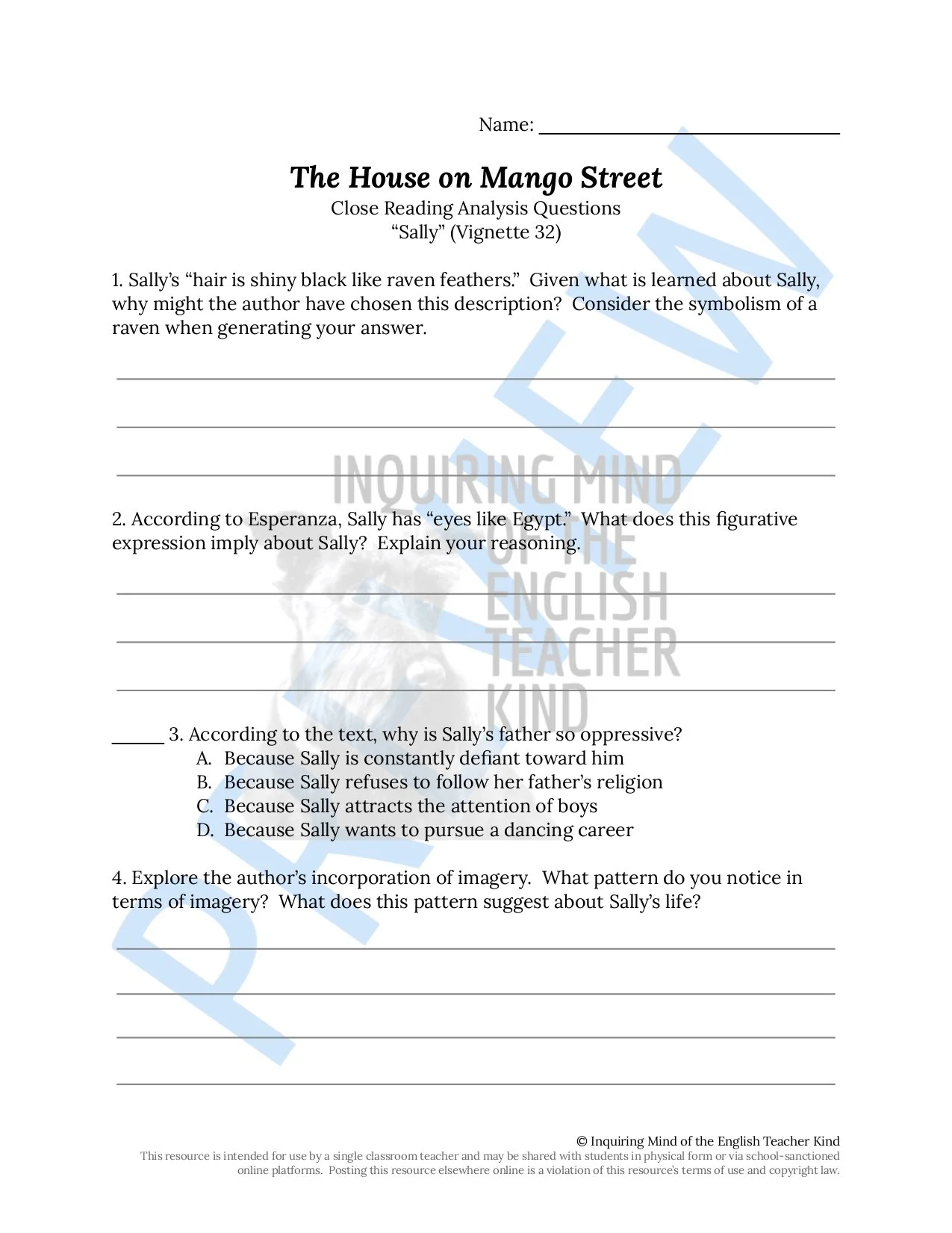 The House on Mango Street - Close Reading Worksheet on "Sally ...
