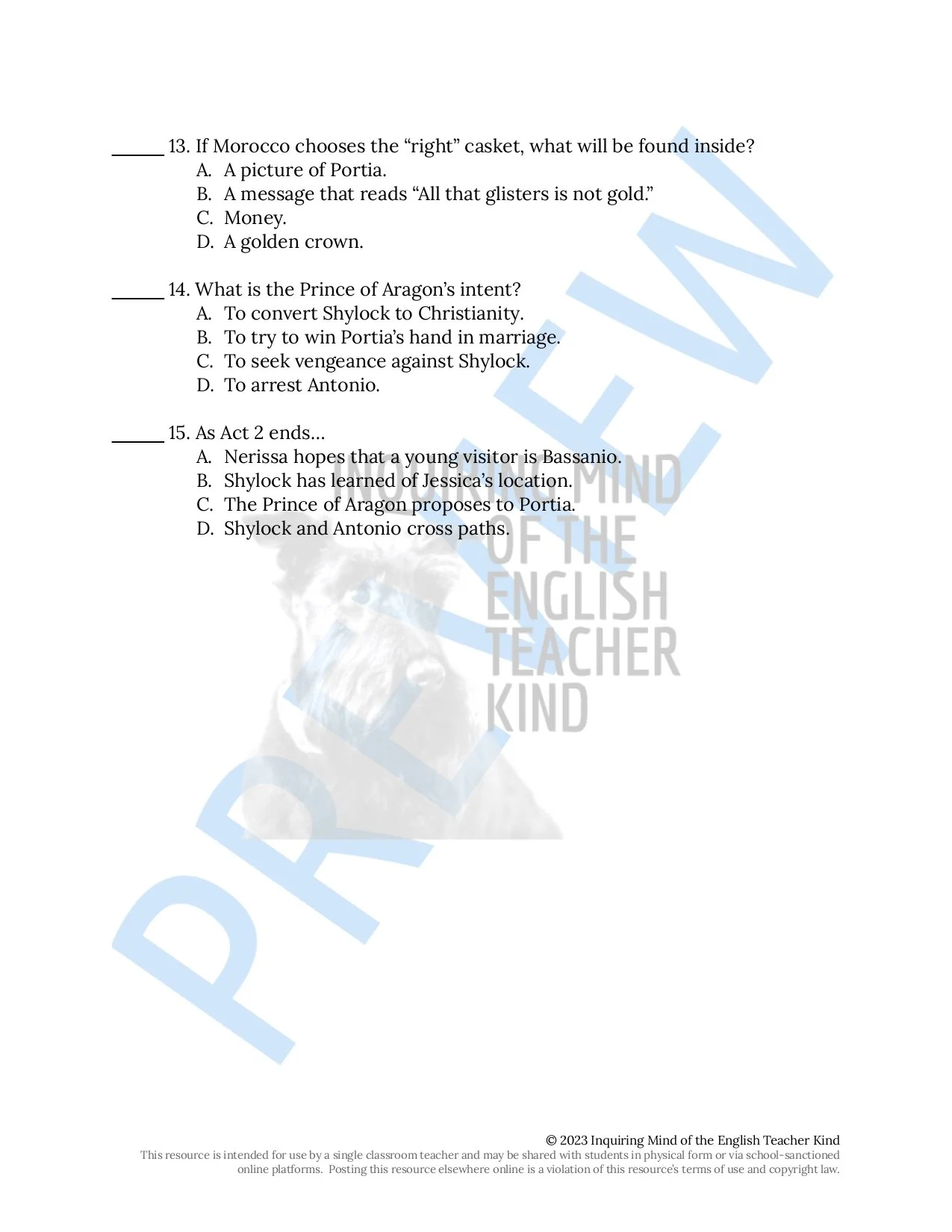 The Merchant of Venice Quiz Bundle with Answer Keys — Inquiring Mind of ...
