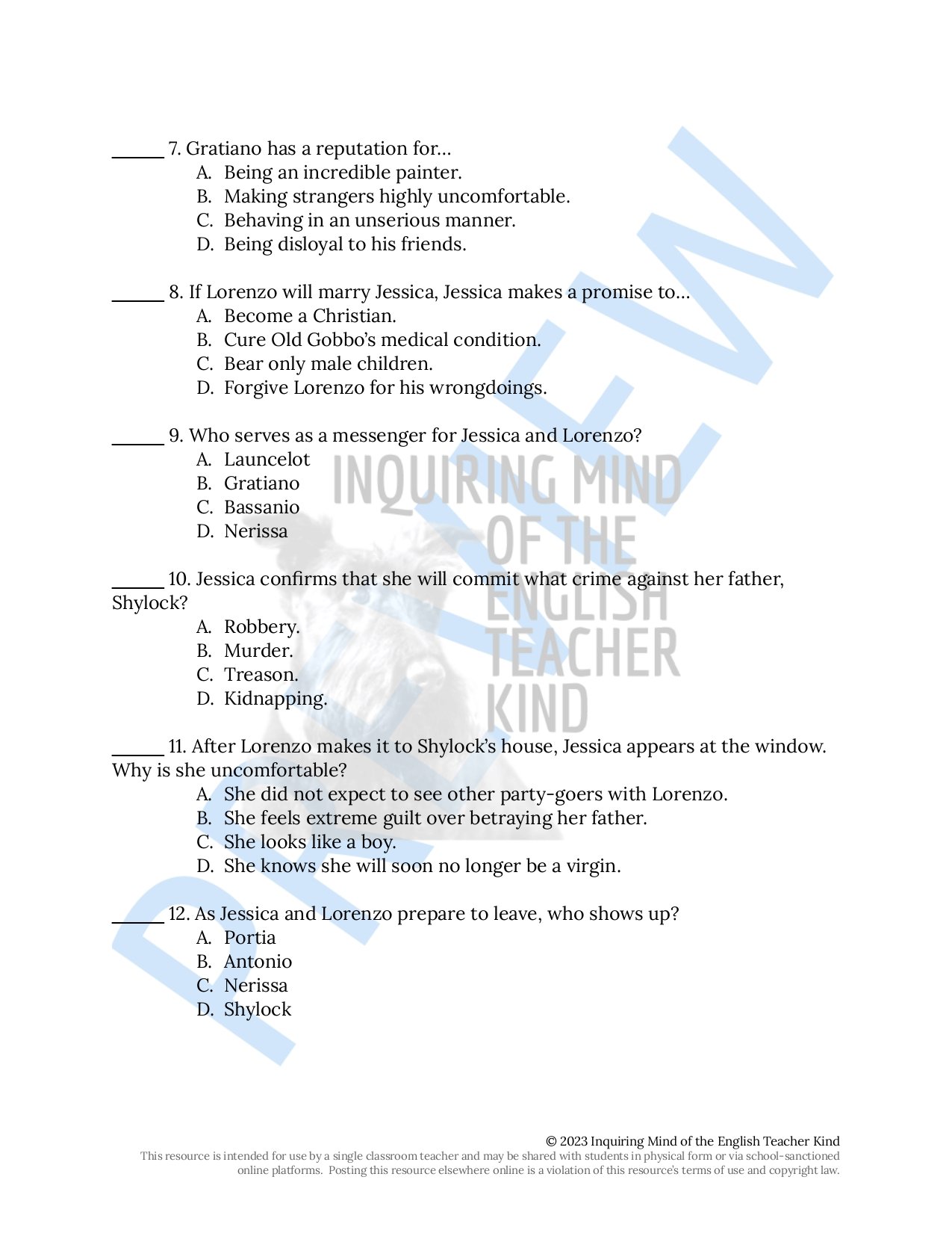 The Merchant of Venice Quiz Bundle with Answer Keys — Inquiring Mind of ...