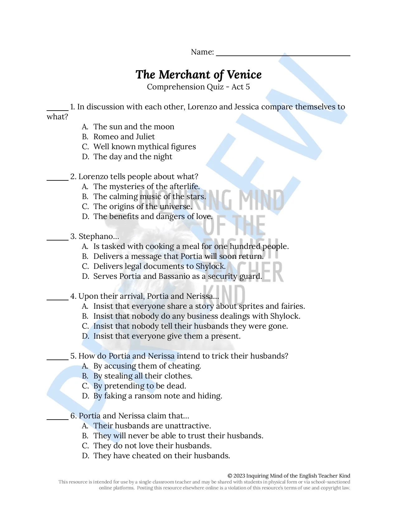 The Merchant of Venice Quiz Bundle with Answer Keys — Inquiring Mind of ...
