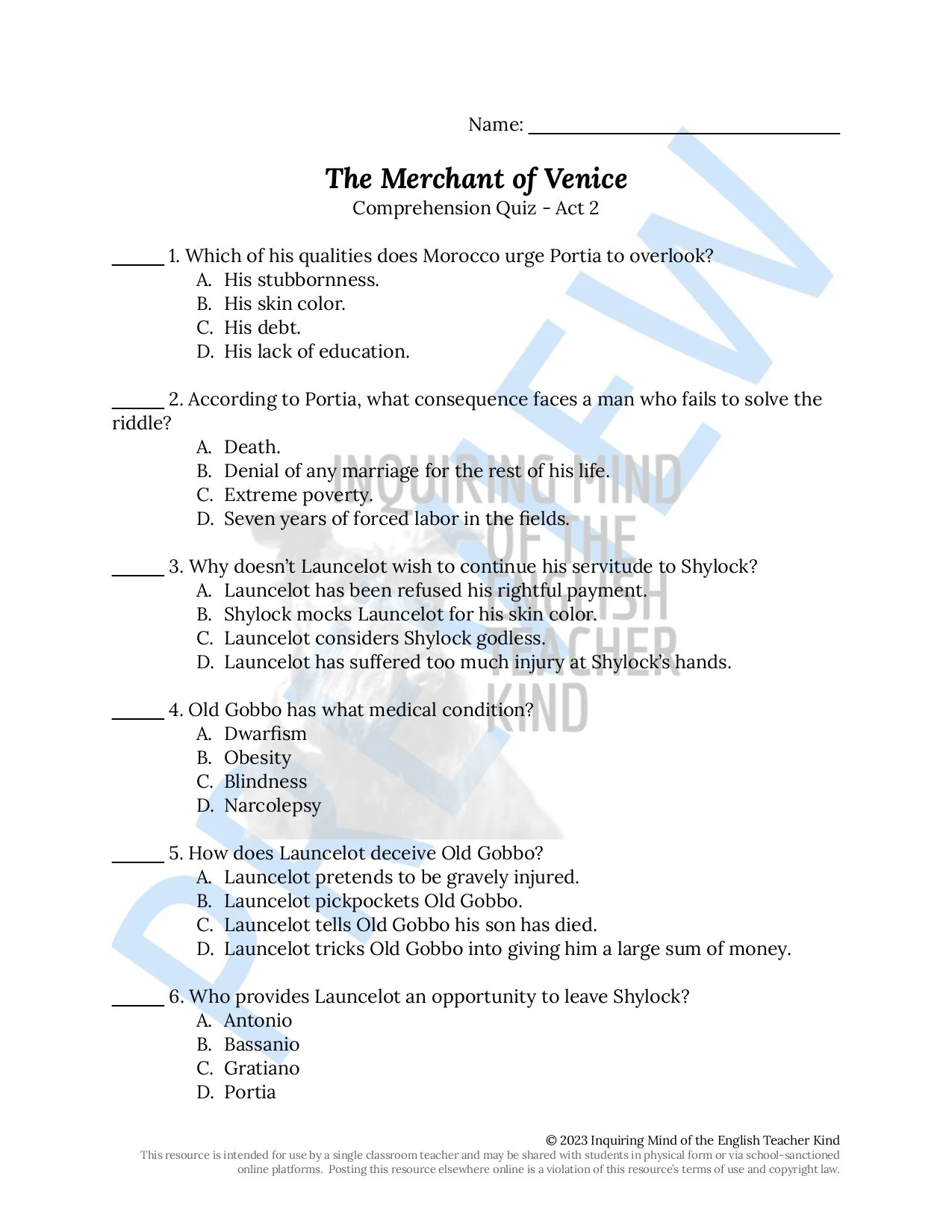The Merchant of Venice Quiz Bundle with Answer Keys — Inquiring Mind of ...