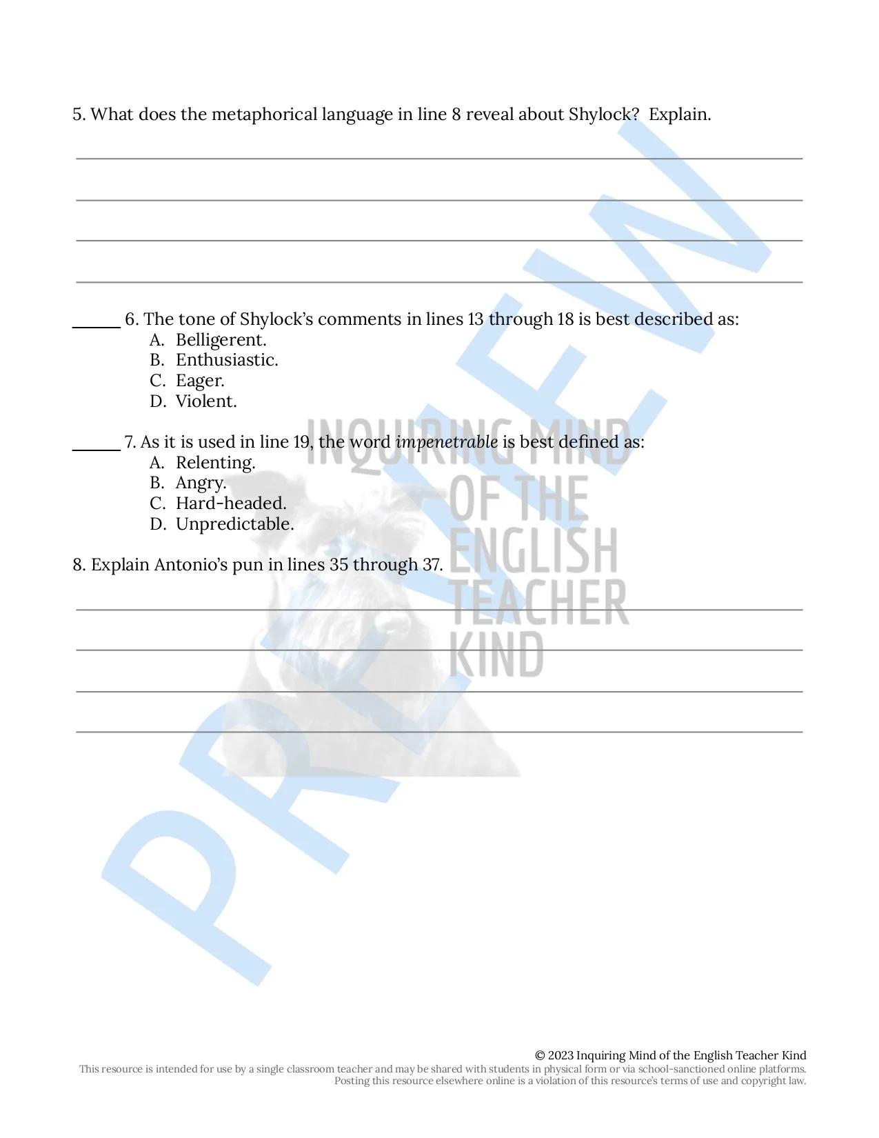 The Merchant of Venice Act 3 Quiz and Close Reading Worksheets Bundle ...