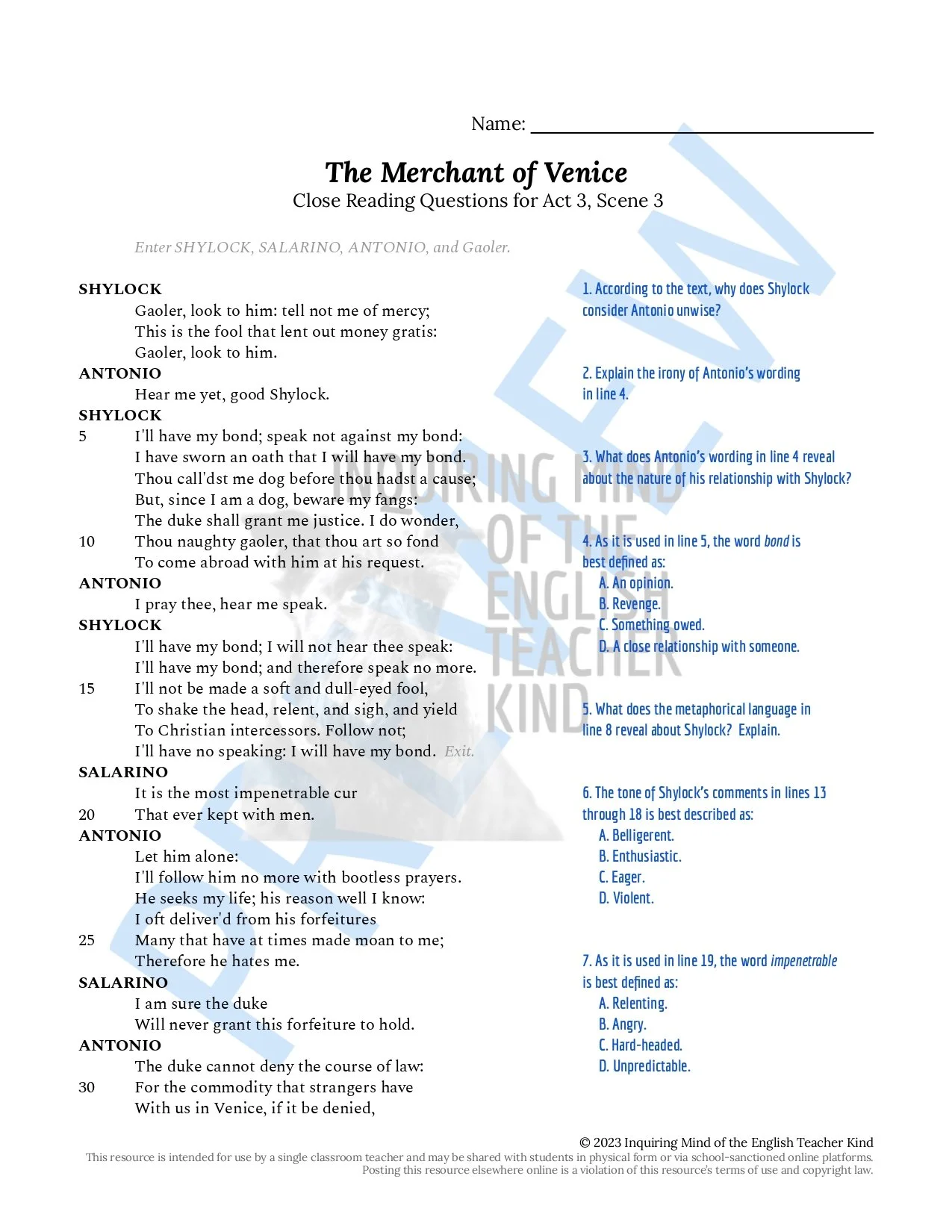 The Merchant of Venice Act 3 Quiz and Close Reading Worksheets Bundle ...
