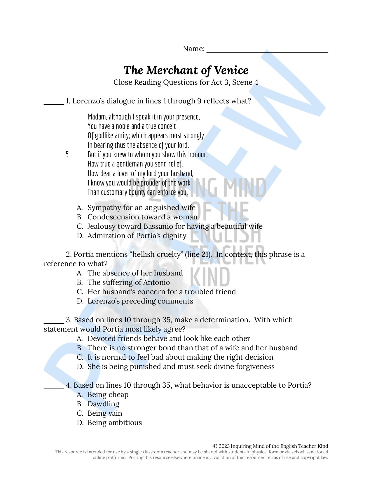 The Merchant of Venice Act 3 Quiz and Close Reading Worksheets Bundle ...