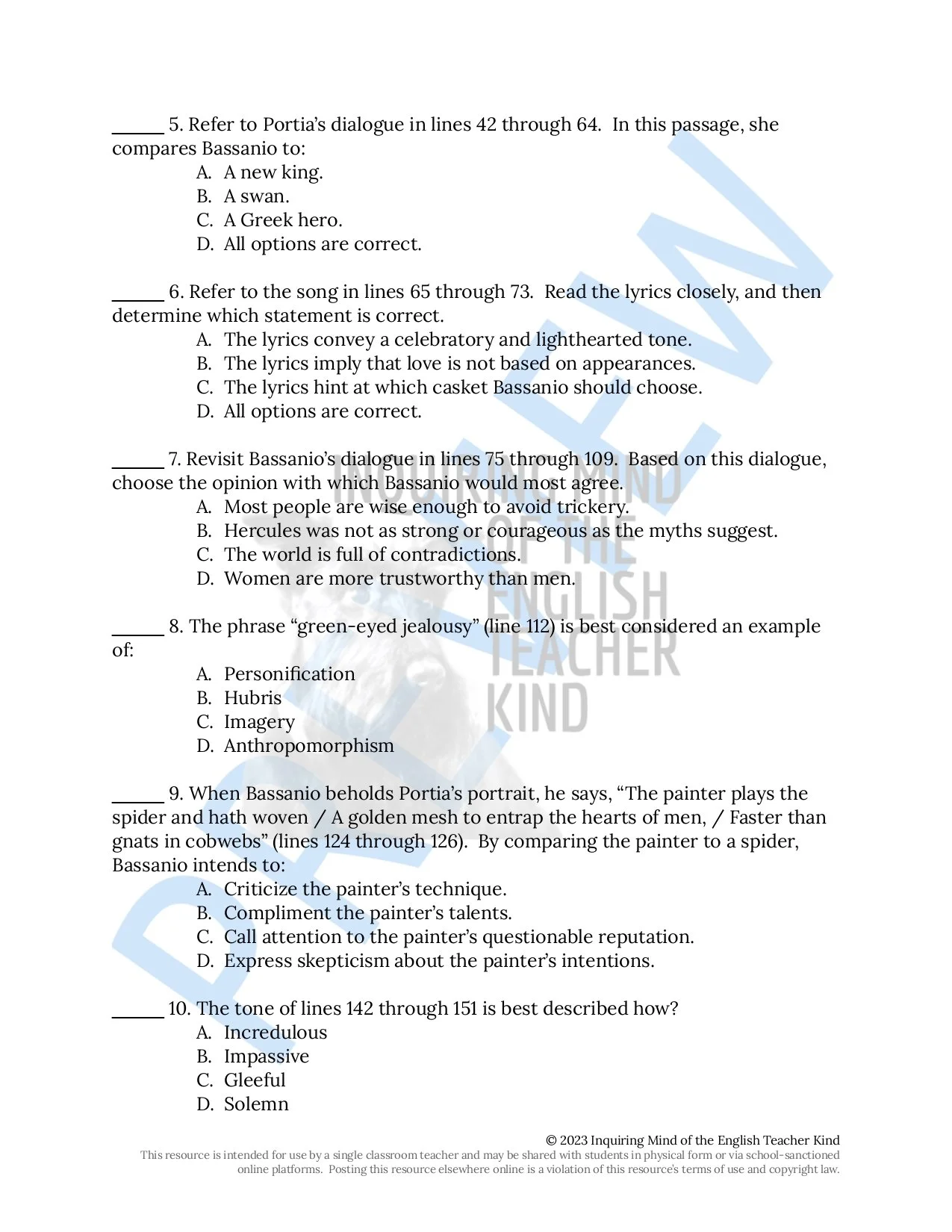 The Merchant of Venice Act 3 Quiz and Close Reading Worksheets Bundle ...