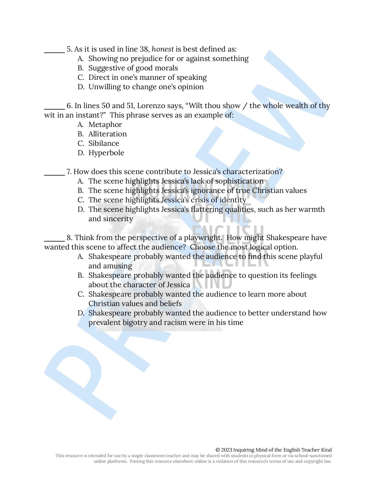 The Merchant of Venice Act 3 Quiz and Close Reading Worksheets Bundle ...