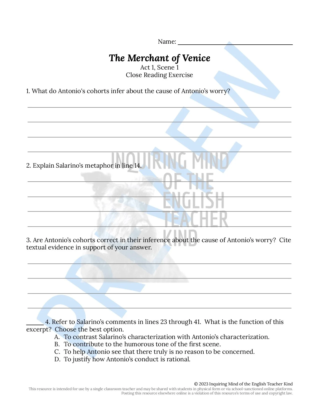 The Merchant of Venice Close Reading Analysis Worksheets Bundle with ...