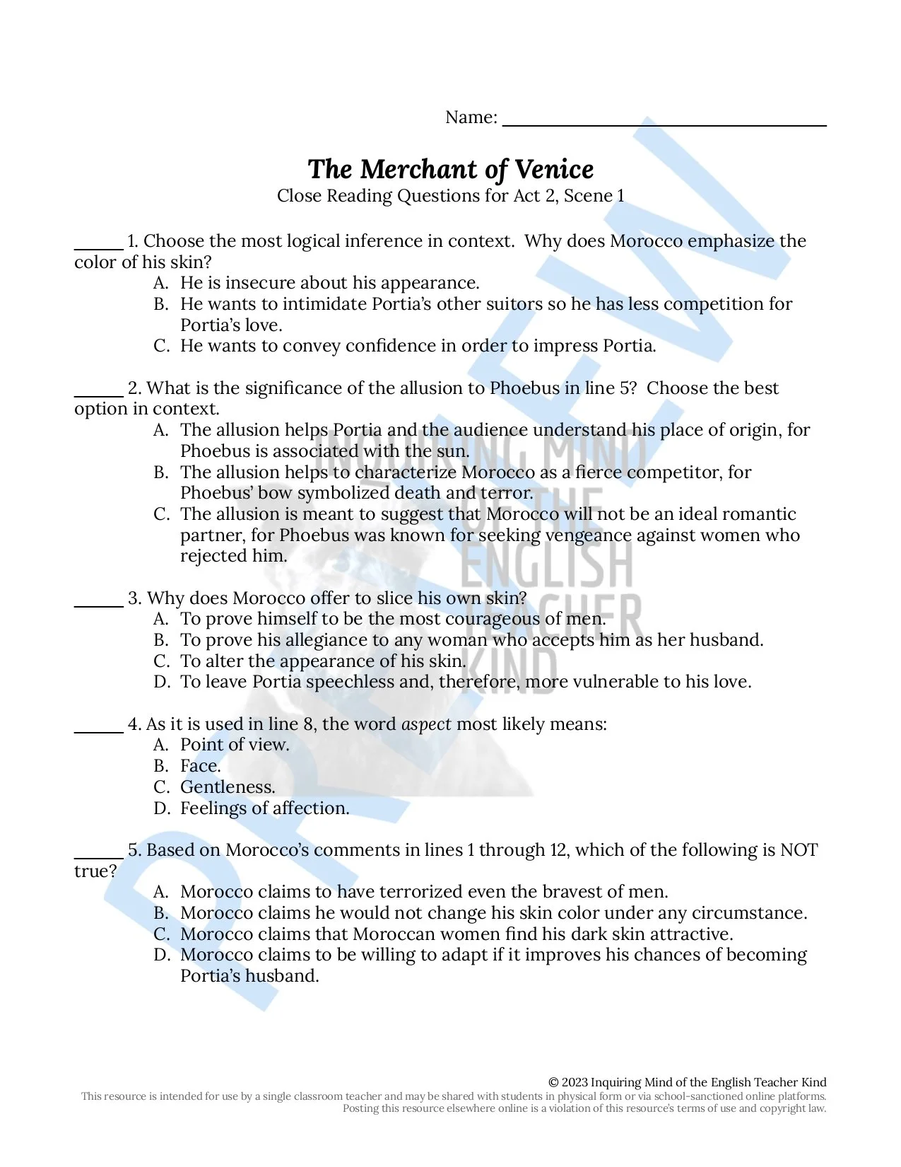 The Merchant of Venice Close Reading Analysis Worksheets Bundle with ...