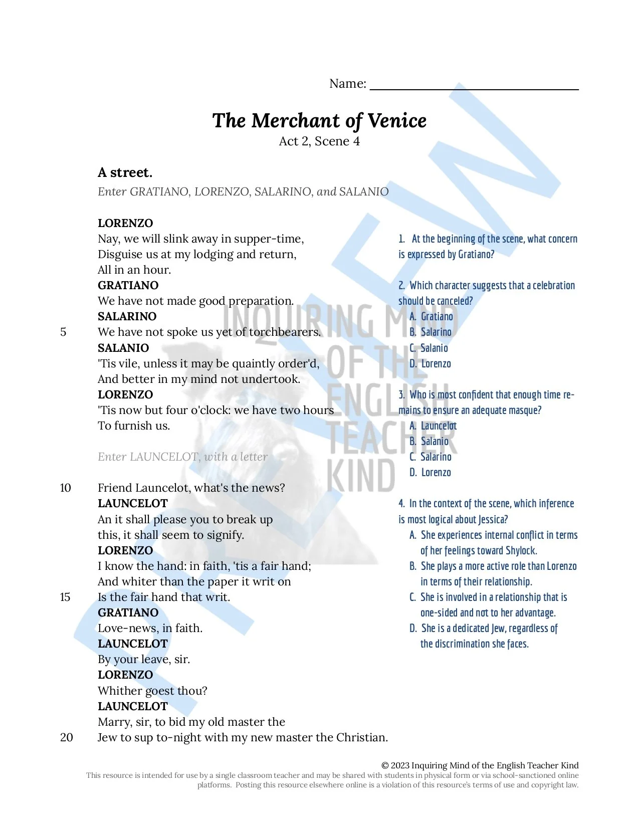 The Merchant of Venice Close Reading Analysis Worksheets Bundle with ...