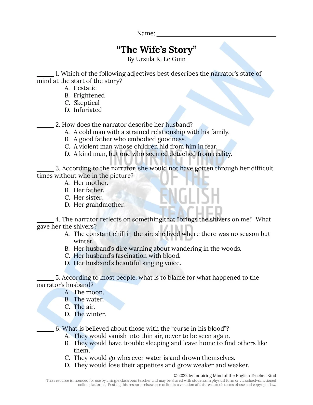 "The Wife's Story" by Ursula K. Le Guin Quiz and Close Reading ...