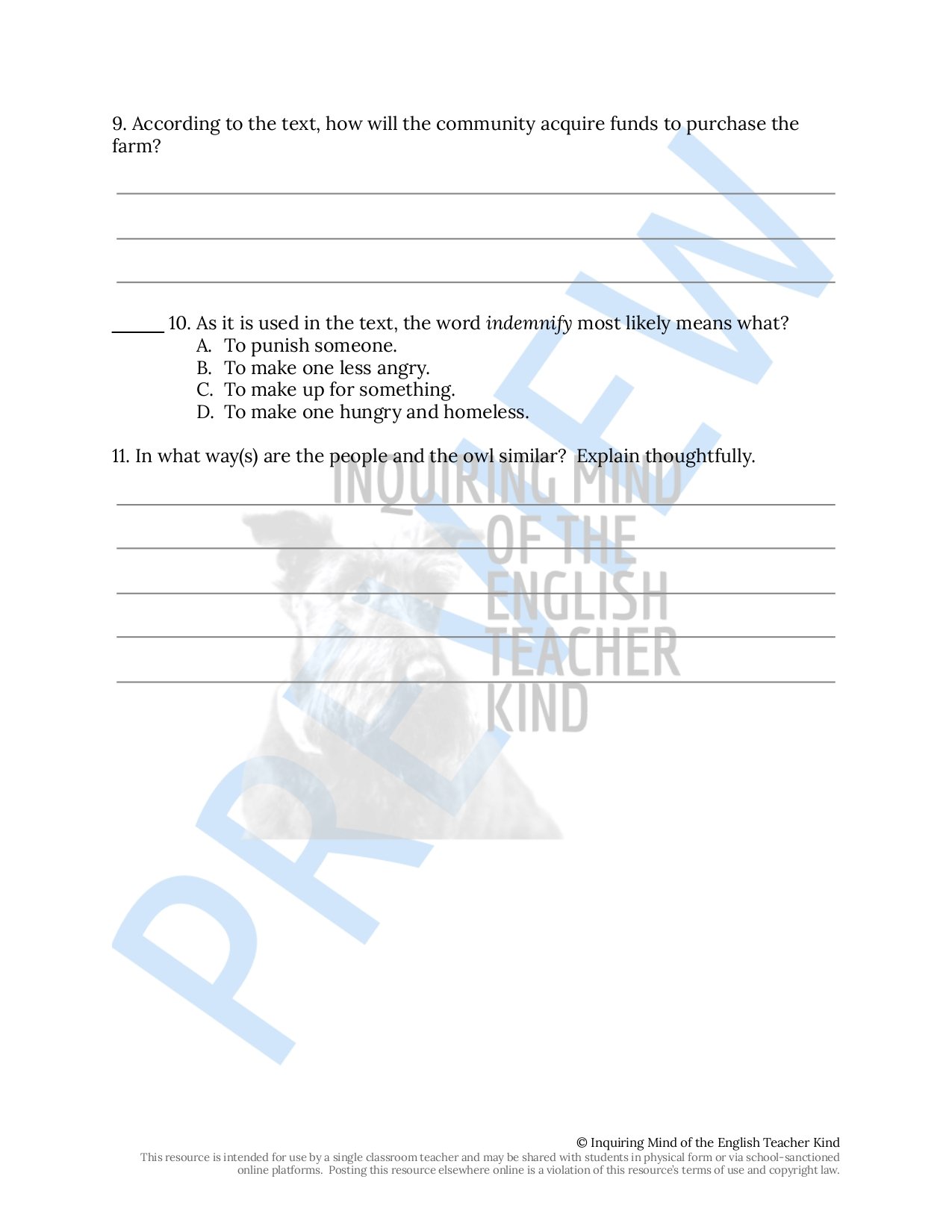 "The Owl" by the Brothers Grimm Quiz and Close Reading Analysis ...