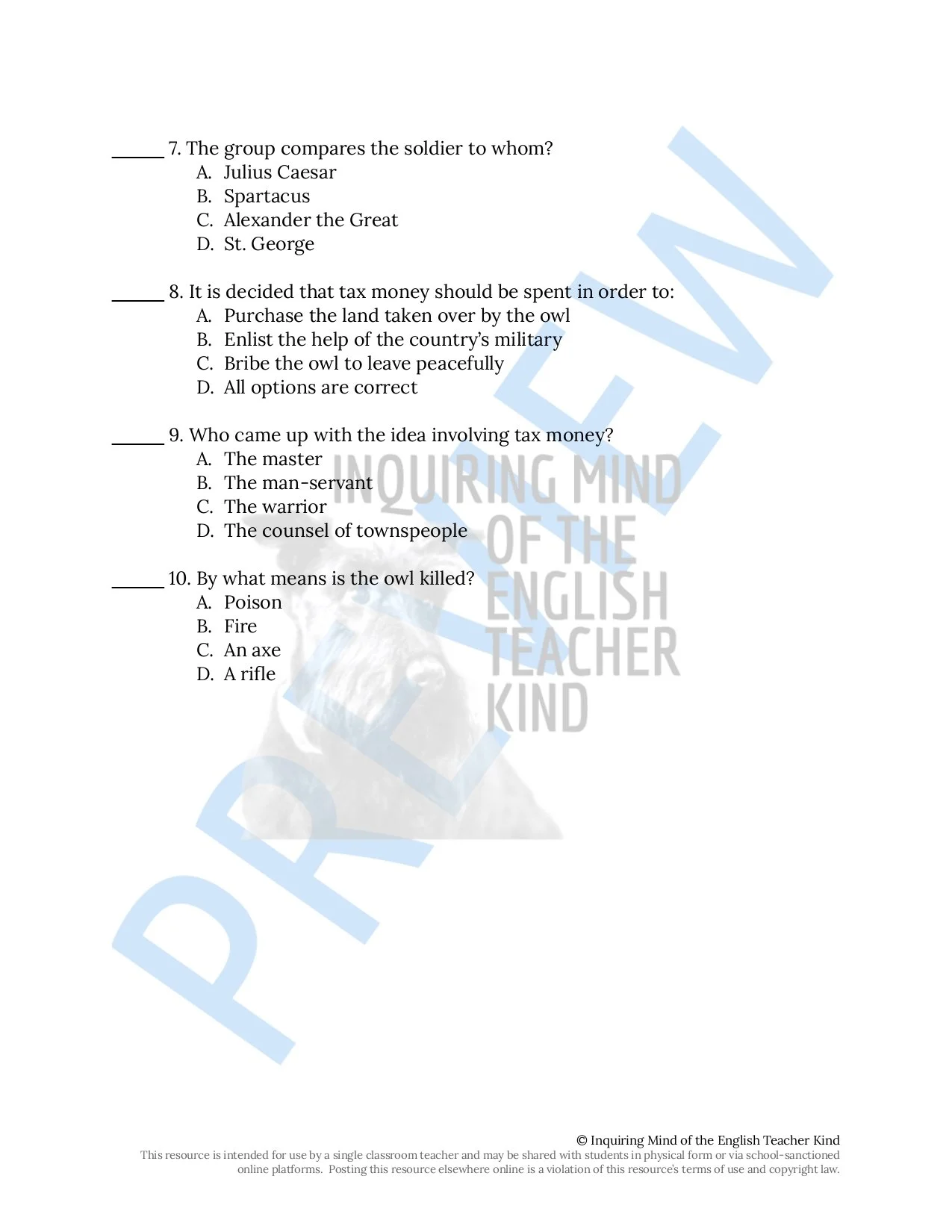"The Owl" by the Brothers Grimm Quiz and Close Reading Analysis ...