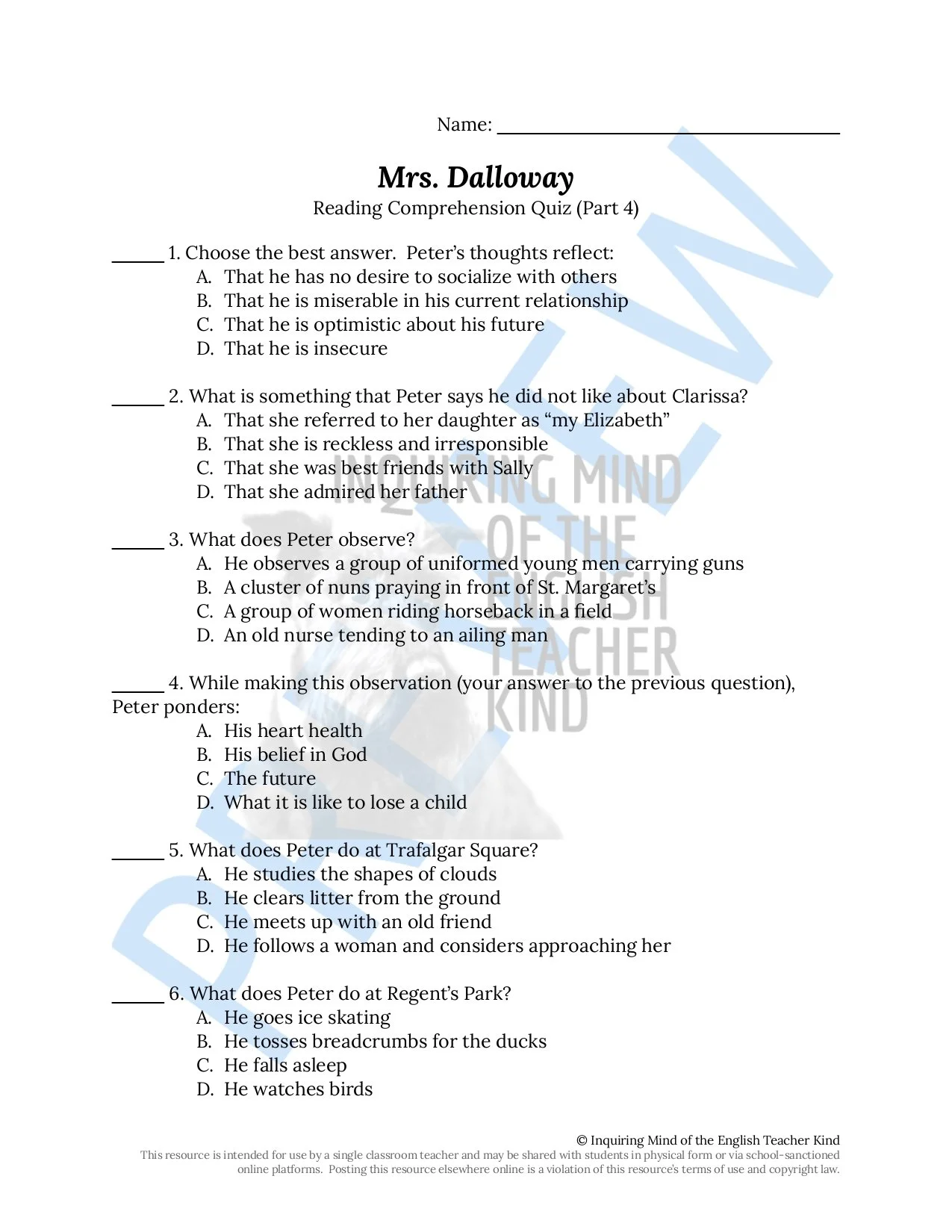 Mrs. Dalloway by Virginia Woolf Quiz and Answer Key for Part 4 ...