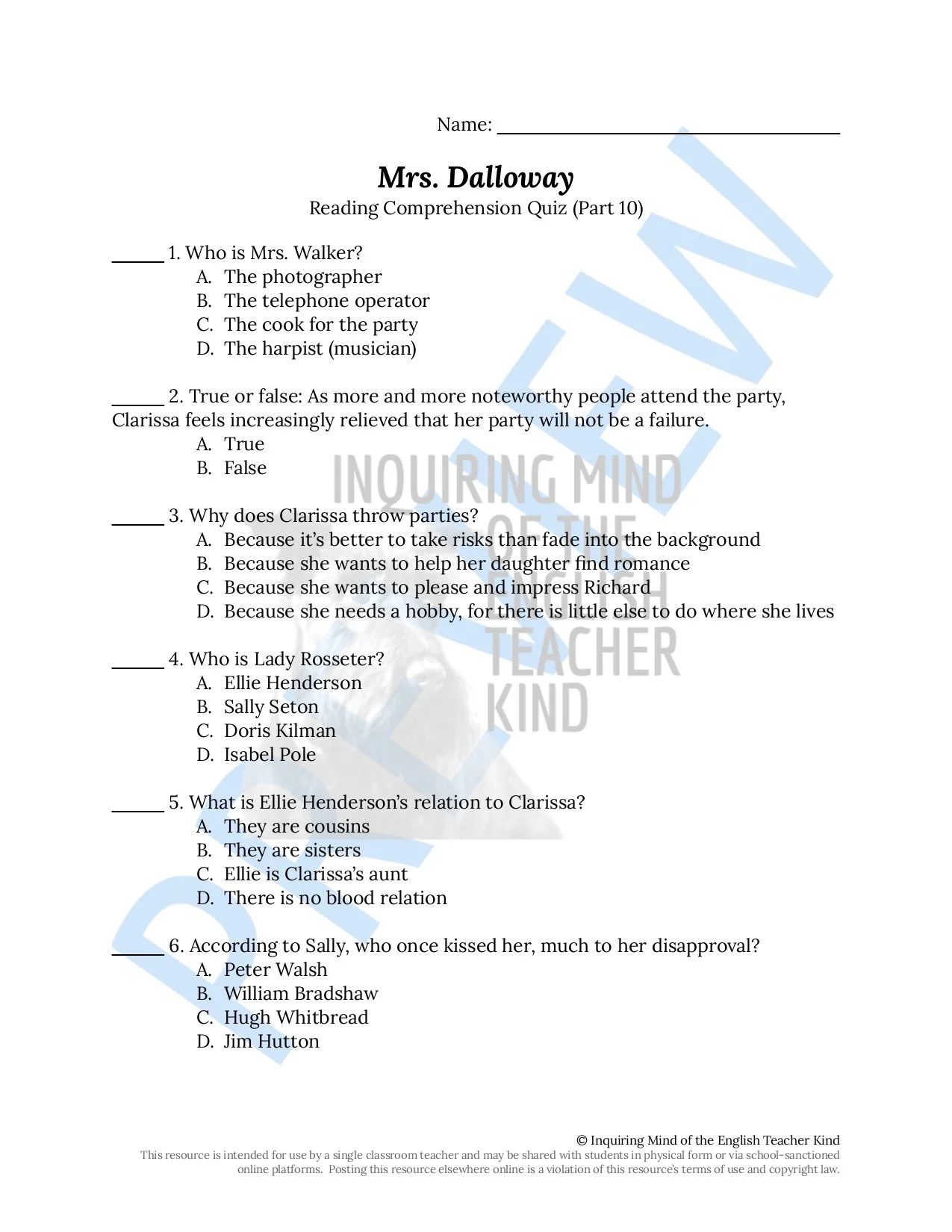 Mrs. Dalloway by Virginia Woolf Quiz and Answer Key for Part 10 ...