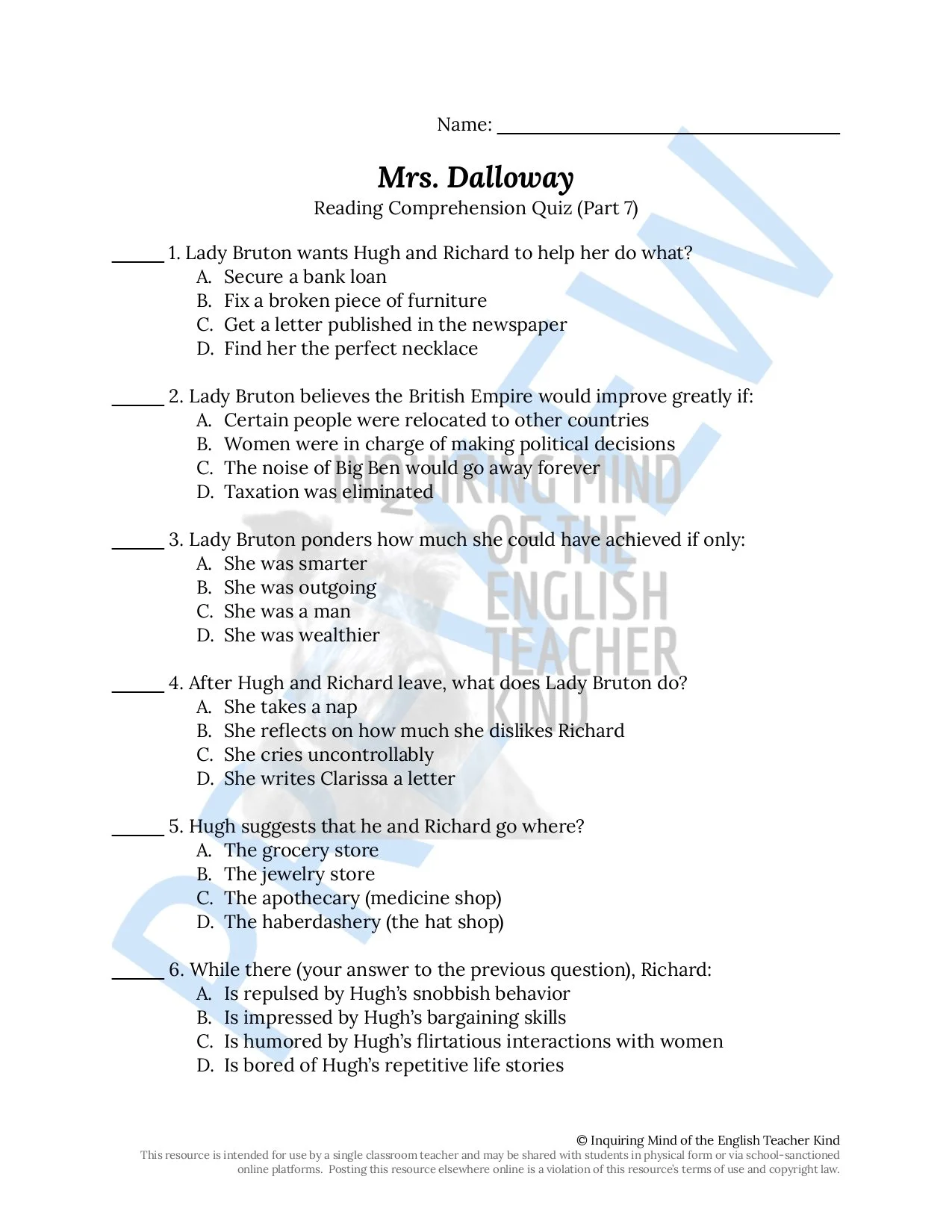 Mrs. Dalloway — Teaching Resources — Inquiring Mind of the English ...