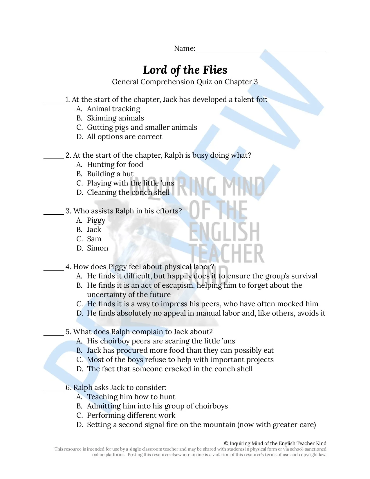Lord of the Flies Chapter 3 Quiz, Close Reading, and Vocabulary Activities Bundle for High ...