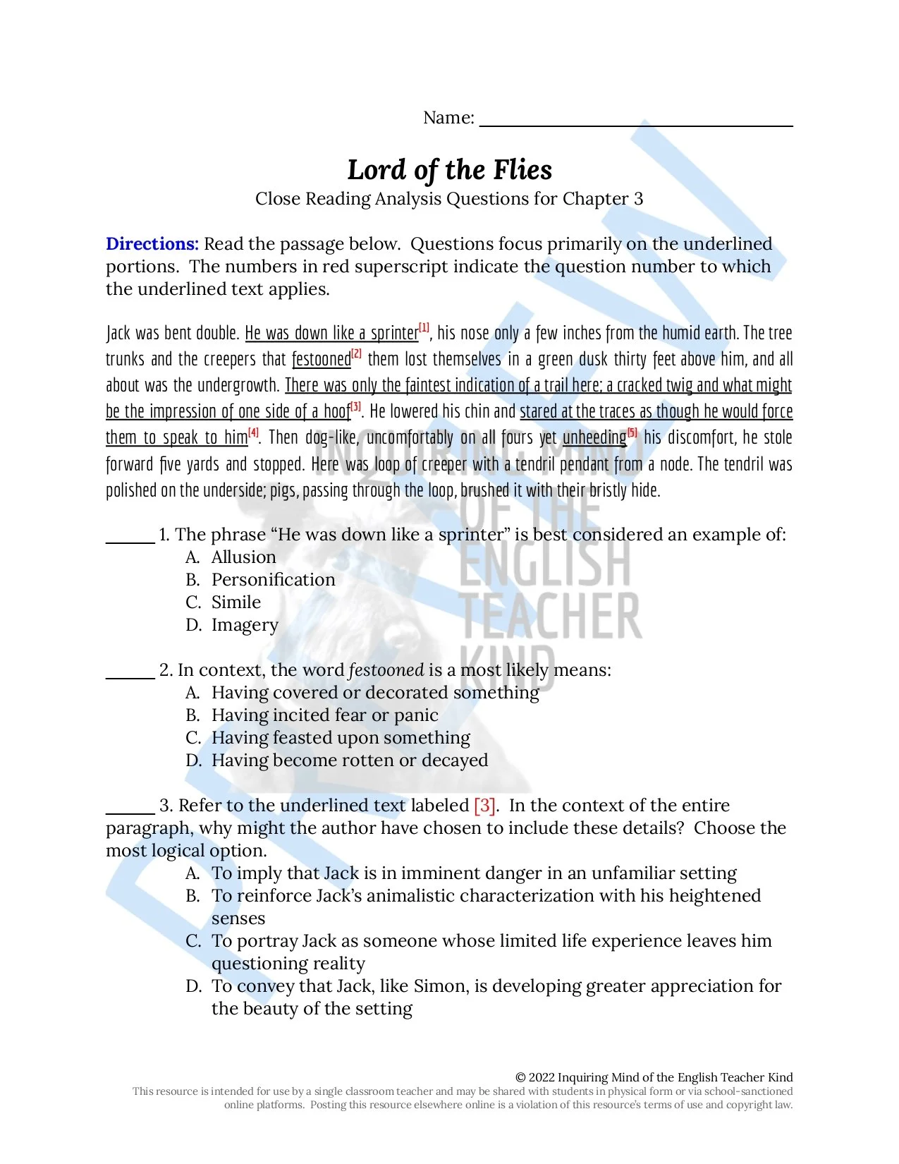 Lord of the Flies Close Reading Analysis Worksheets Bundle with Answer ...