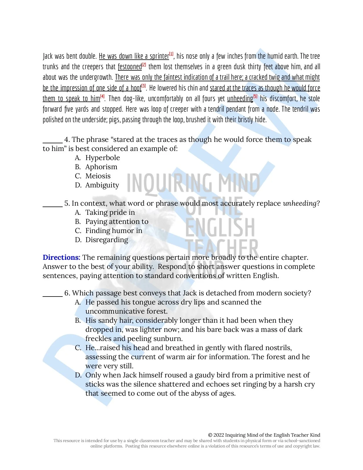 Lord of the Flies Chapter 4 Quiz, Close Reading, and Vocabulary Activities Bundle for High ...