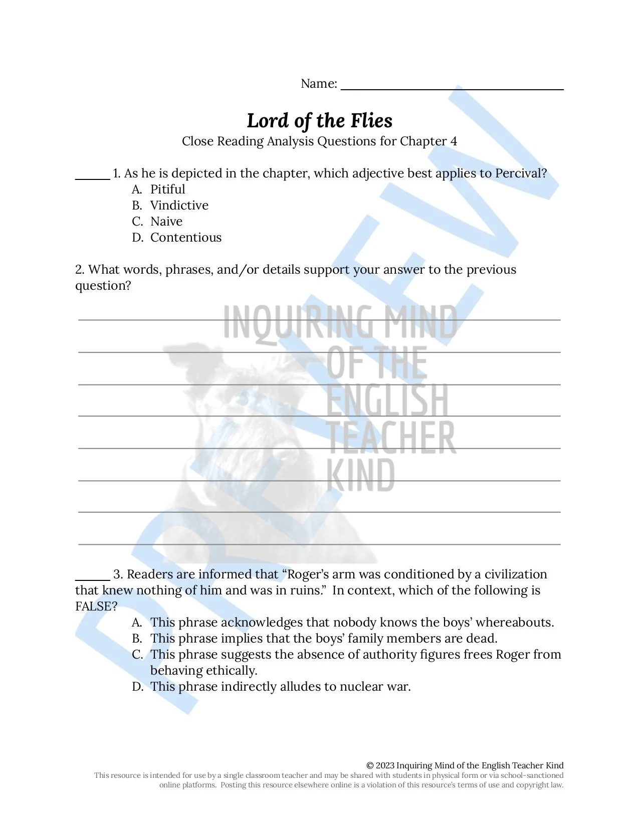 Lord of the Flies Chapter 4 Quiz, Close Reading, and Vocabulary ...