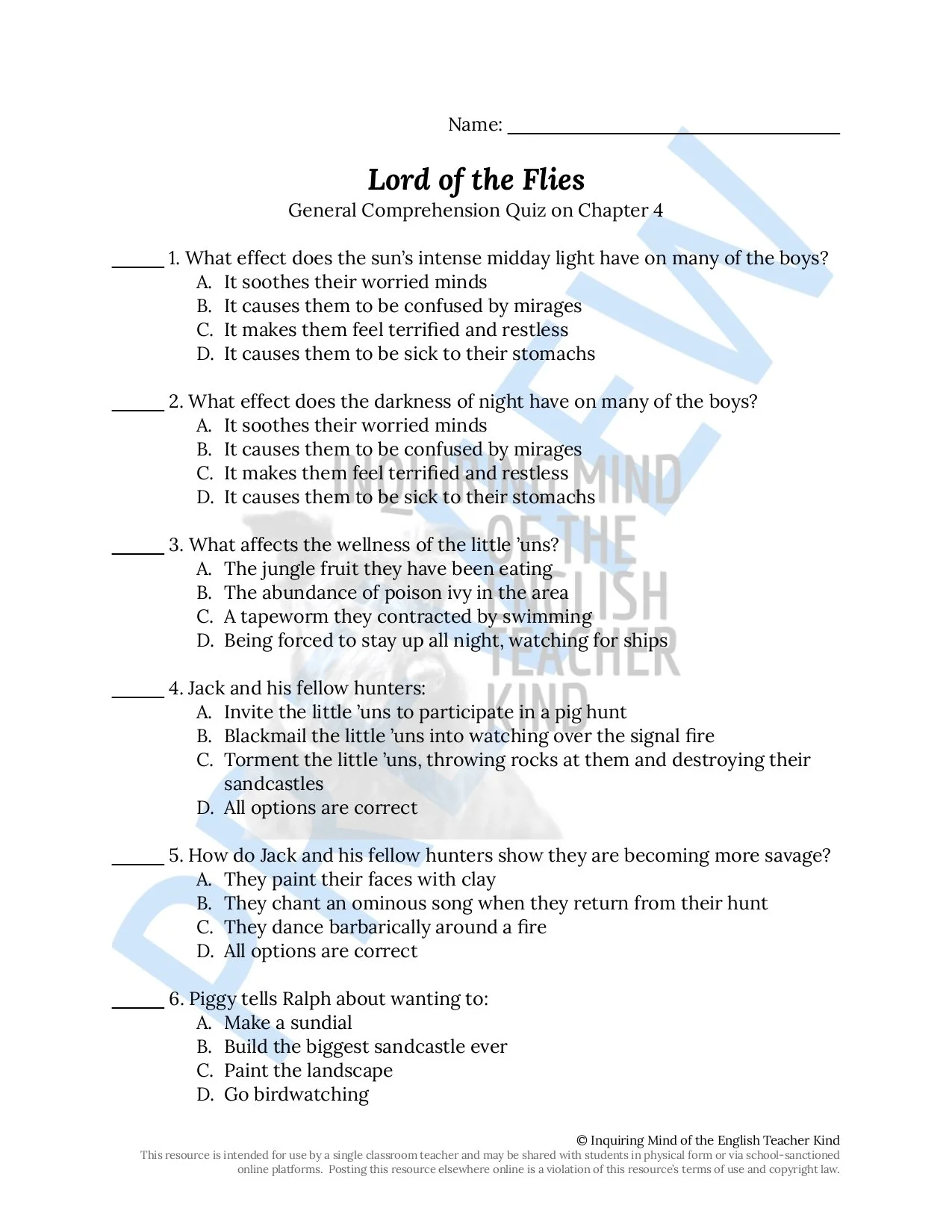 Lord of the Flies Chapter 4 Quiz, Close Reading, and Vocabulary ...