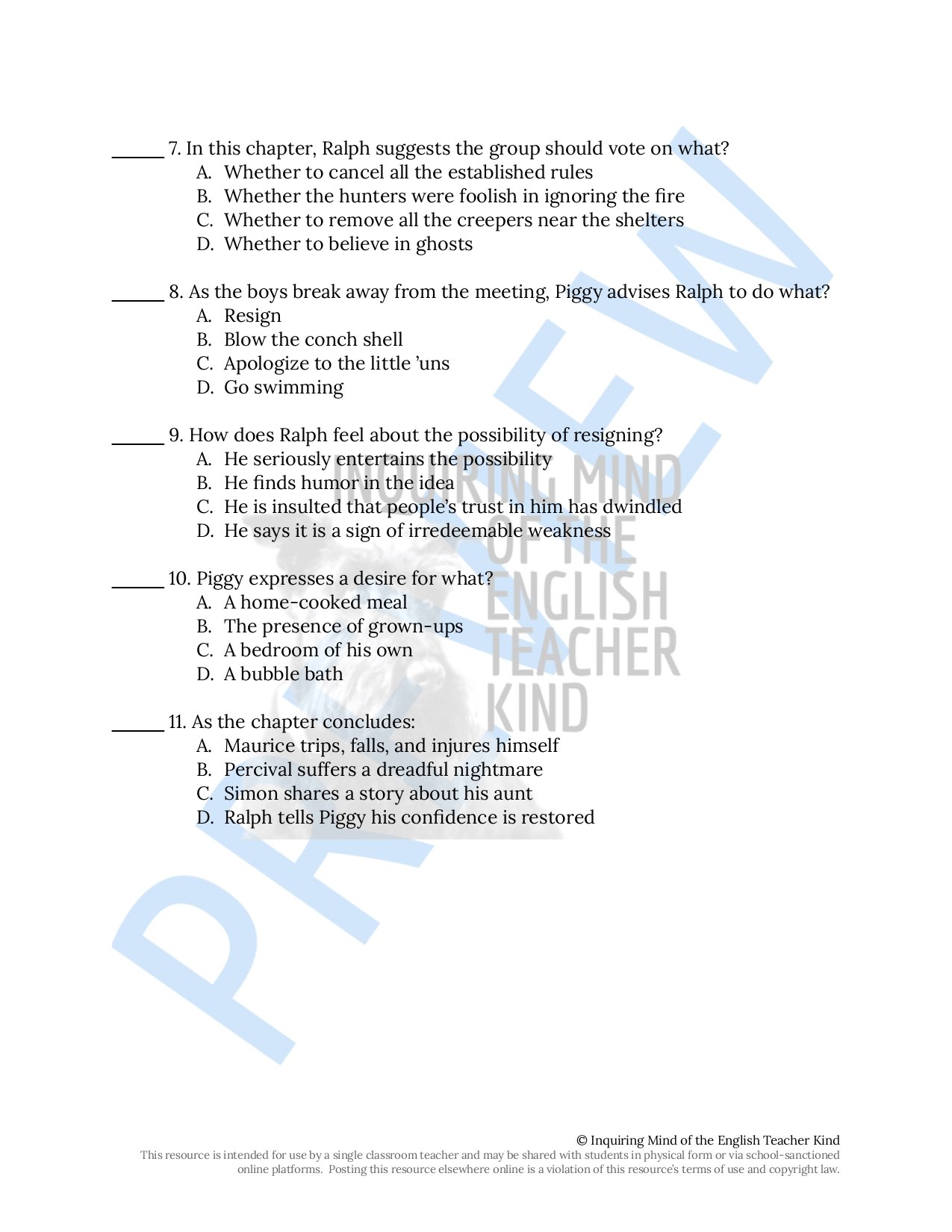 Lord of the Flies Chapter 5 Quiz, Close Reading, and Vocabulary ...