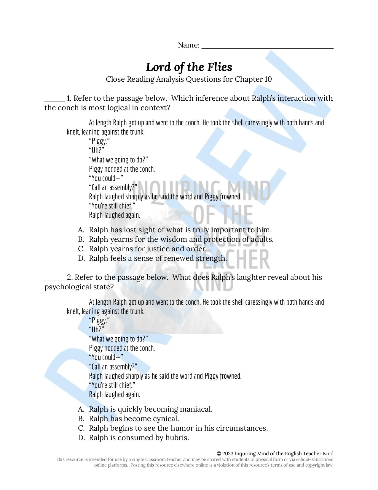 Lord of the Flies Close Reading Analysis Worksheets Bundle with Answer ...
