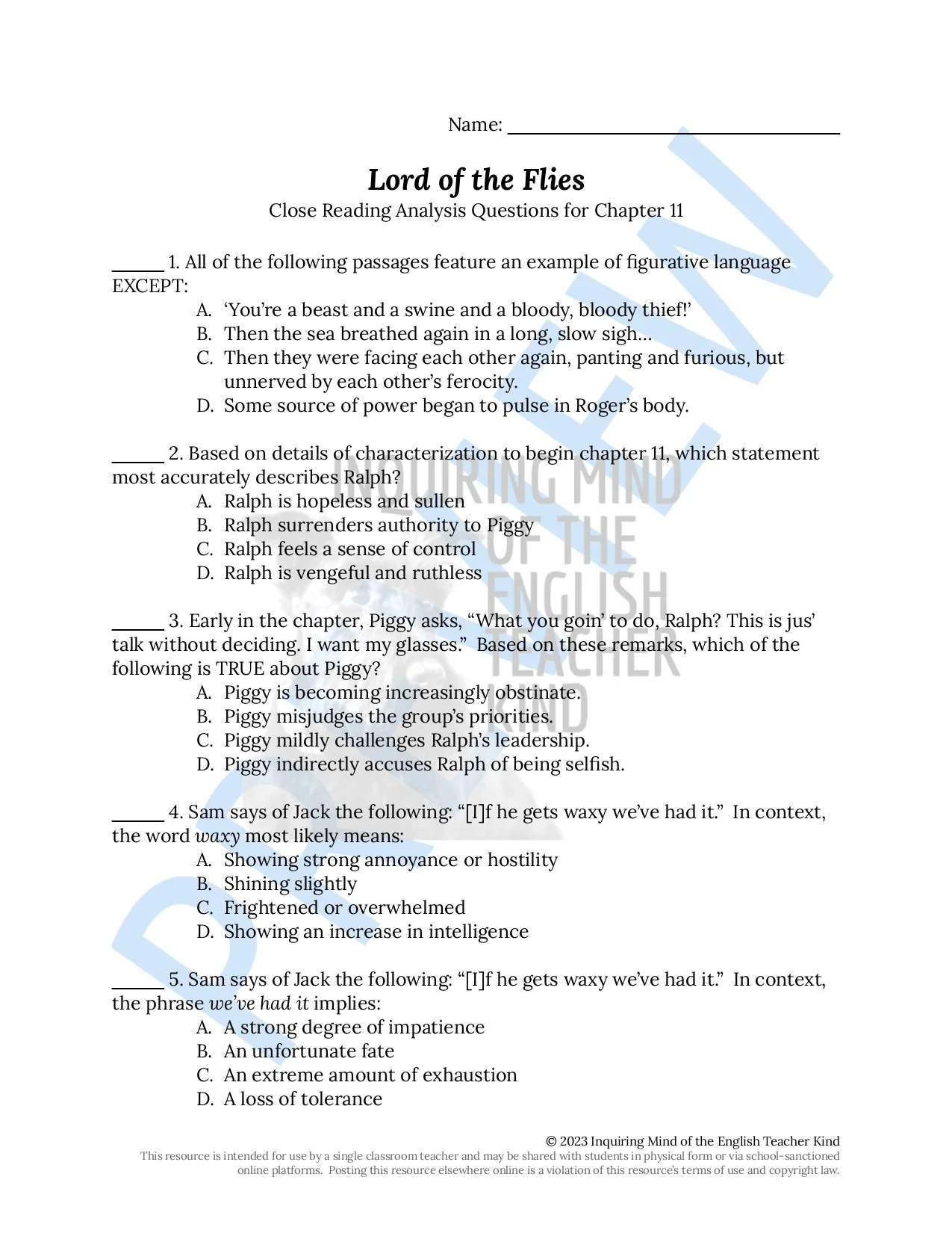 Lord of the Flies Close Reading Analysis Worksheets Bundle with Answer ...