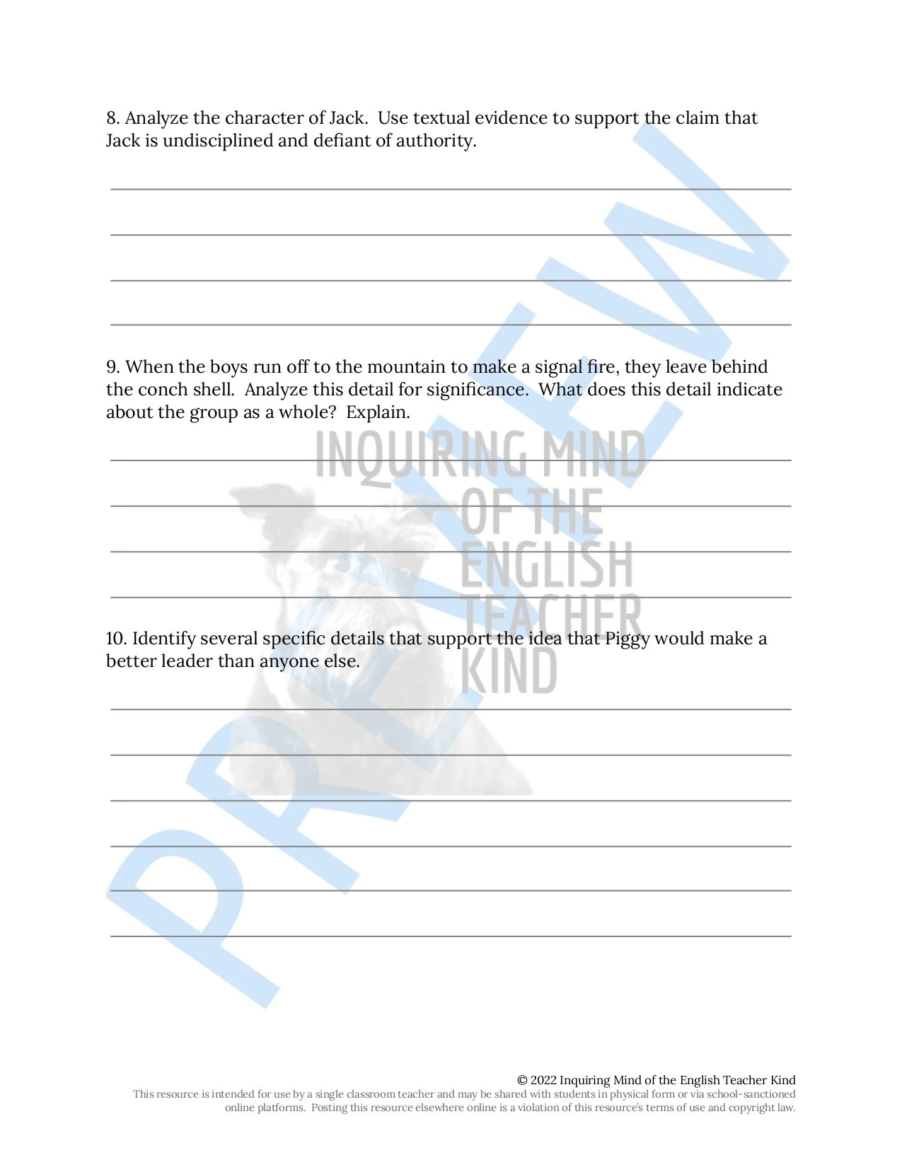 Lord of the Flies Close Reading Analysis Worksheets Bundle with Answer ...