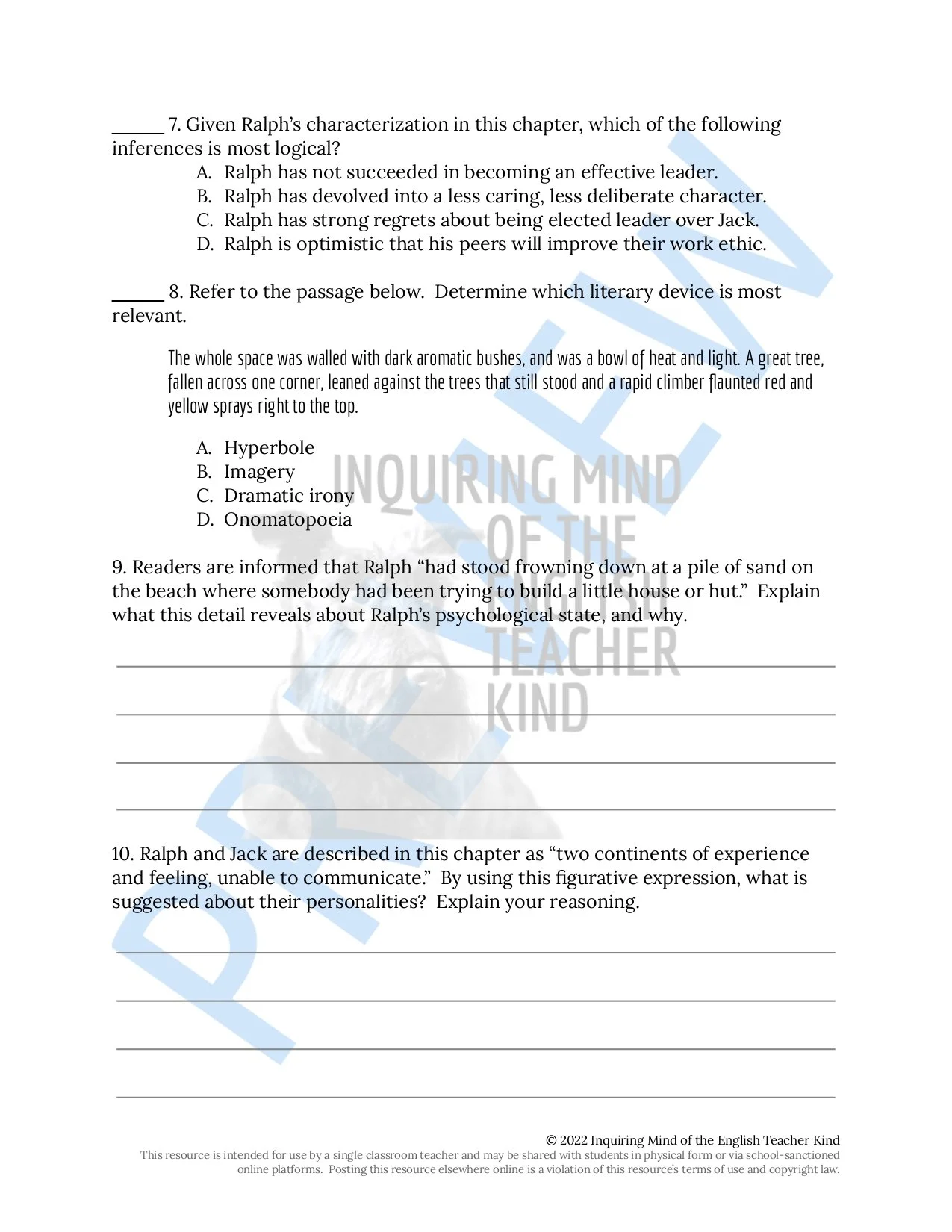 Lord of the Flies Close Reading Analysis Worksheets Bundle with Answer ...