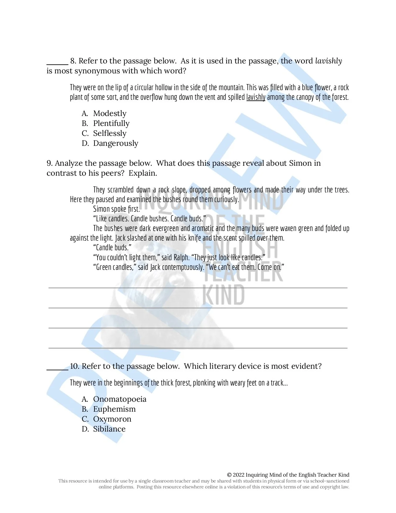 Lord of the Flies Close Reading Analysis Worksheets Bundle with Answer ...