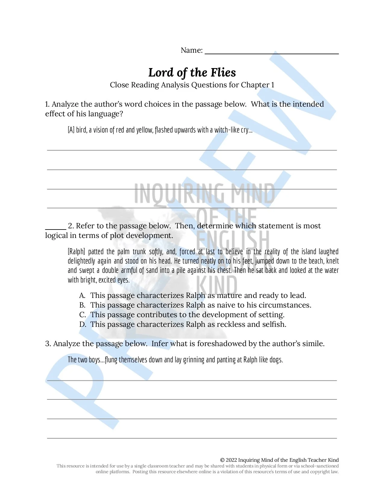 Lord of the Flies Close Reading Analysis Worksheets Bundle with Answer ...