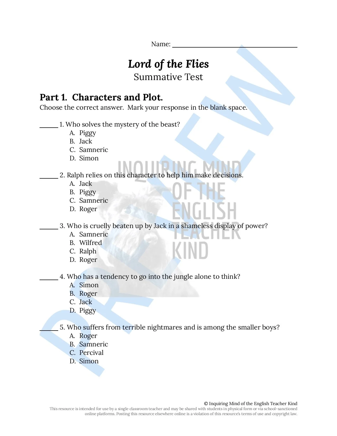 Lord of the Flies Test and Answer Key for High School — Inquiring Mind ...