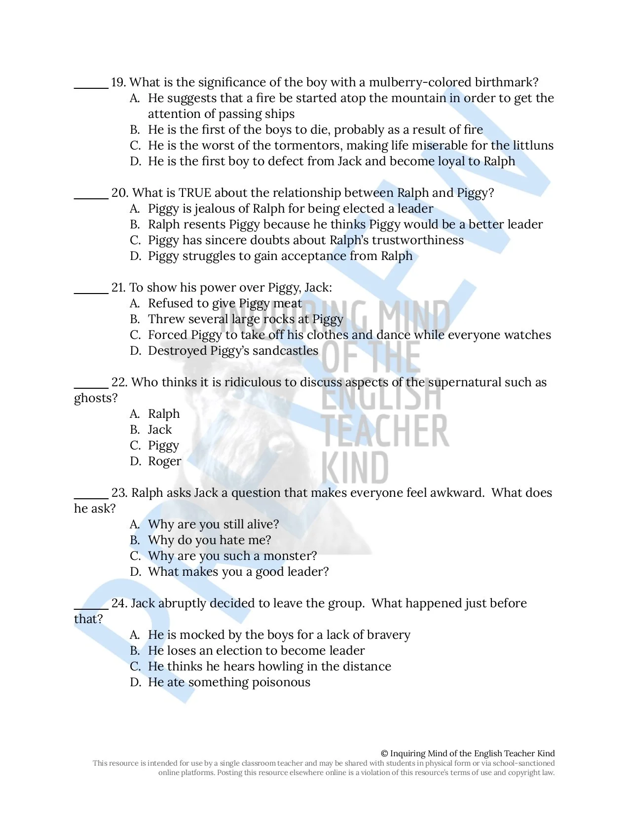 Lord of the Flies Test and Answer Key for High School — Inquiring Mind ...