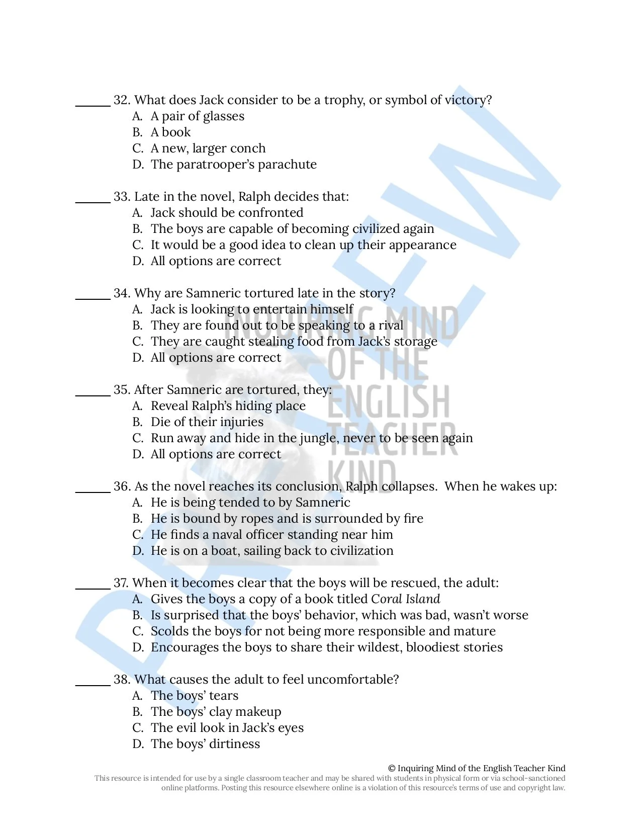 Lord of the Flies Test and Answer Key for High School — Inquiring Mind ...